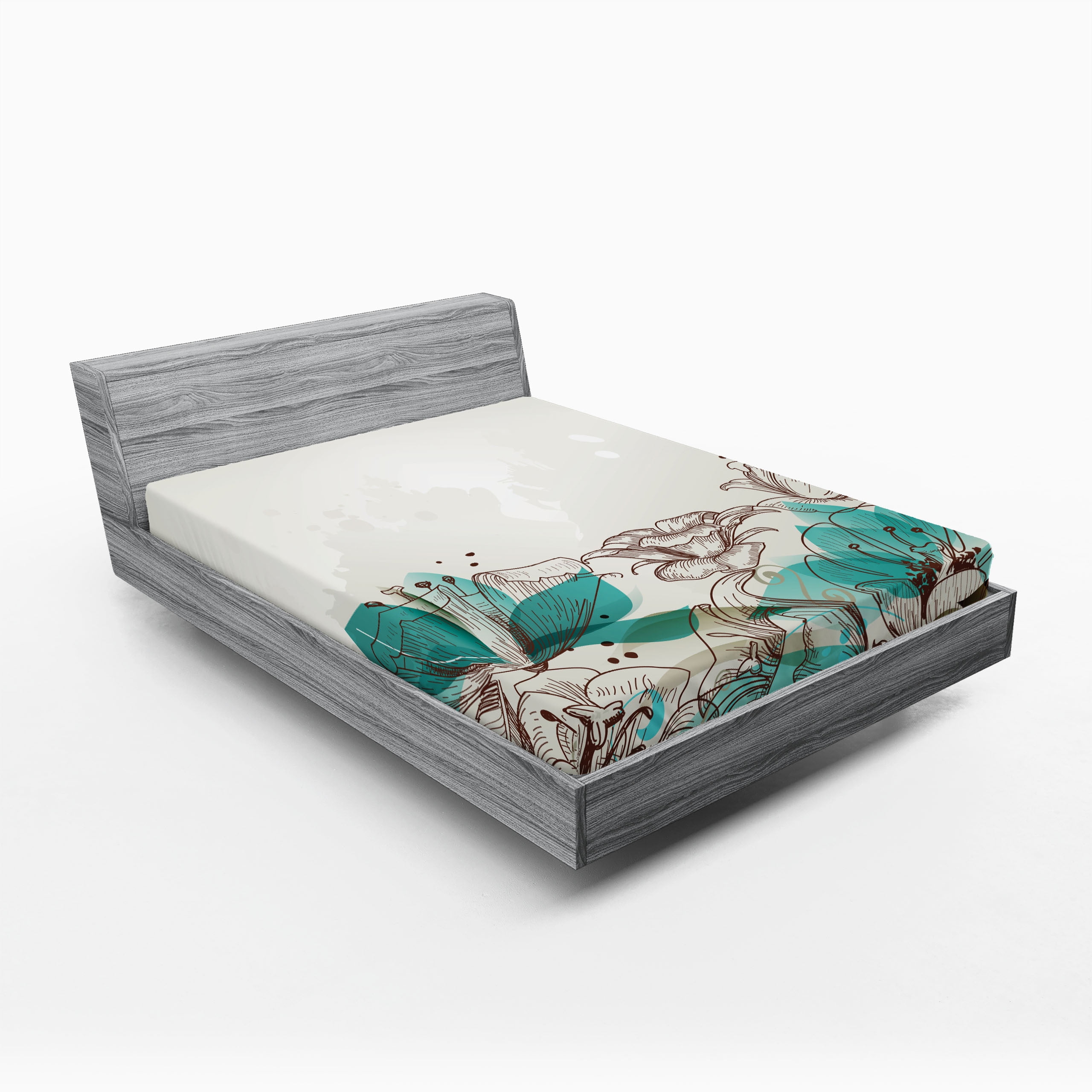 Turquoise Fitted Sheet, Retro Floral Background Hibiscus Silhouettes ...