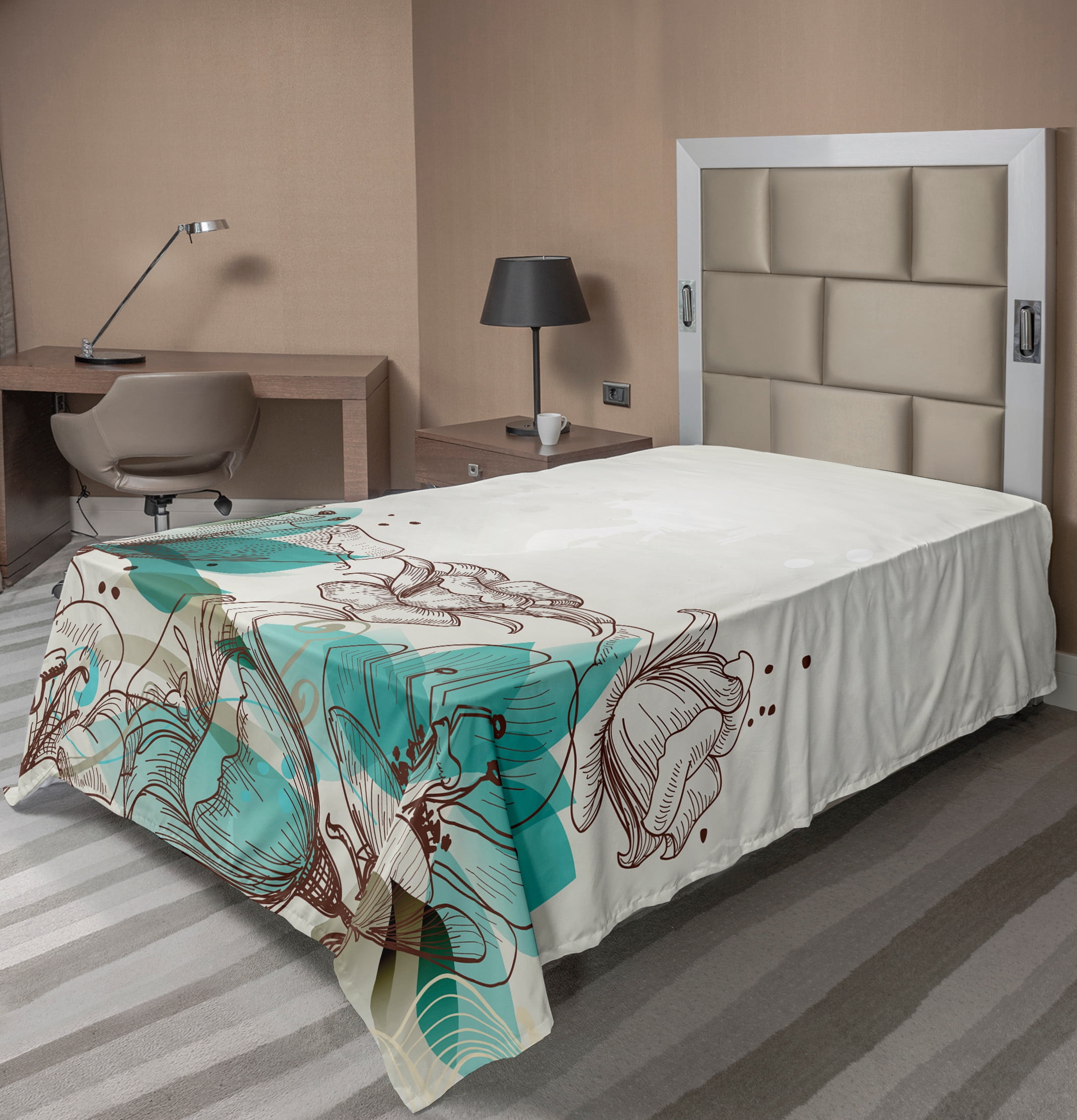 Turquoise Flat Sheet, Retro Floral Background Hibiscus Silhouettes ...