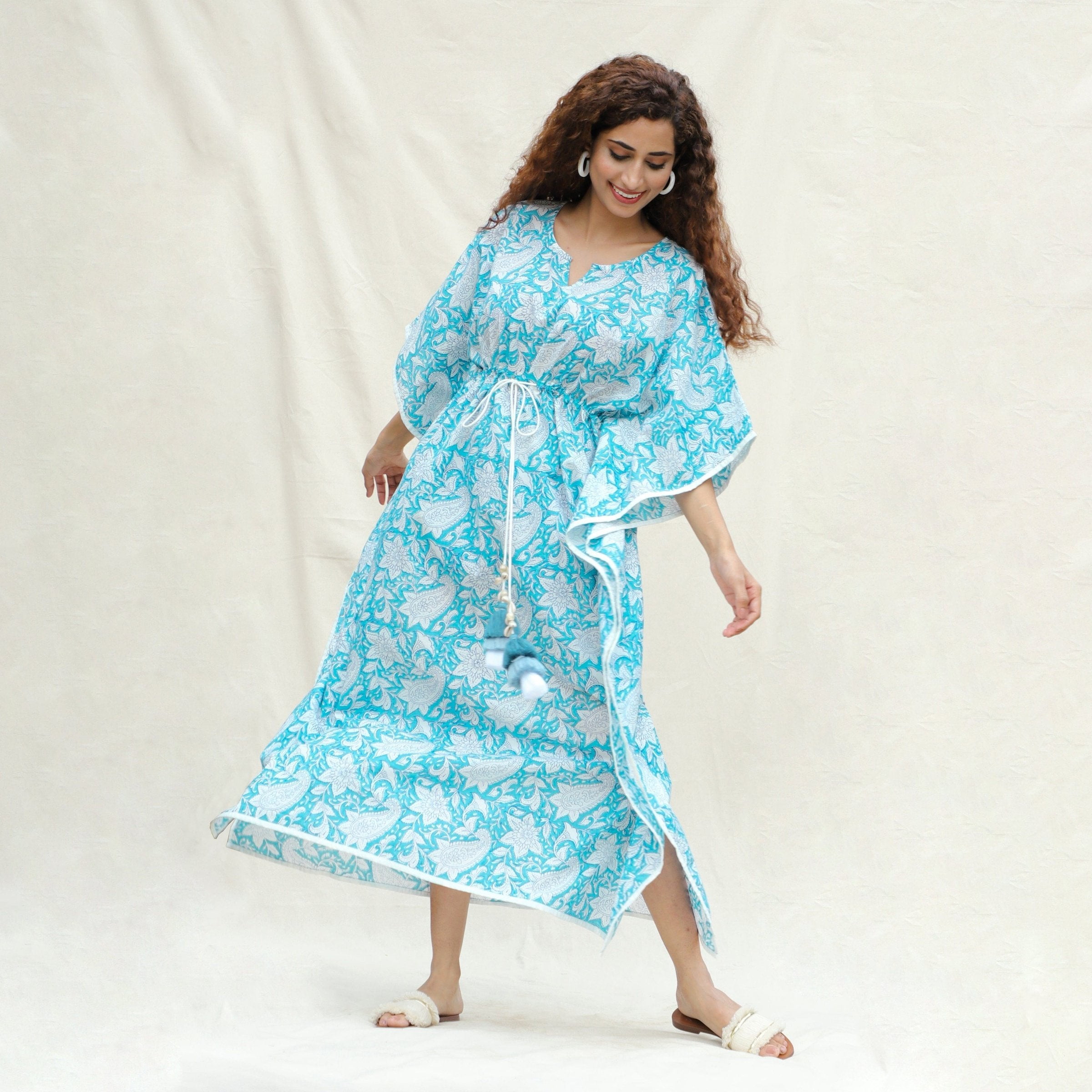 Turquoise Floral Block Printed Cotton Ankle Length Kaftan Dress ...