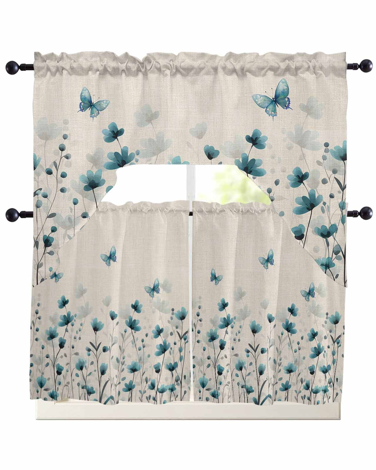Turquoise Floral Butterfly Kitchen Curtains Swag Valance and Tier ...