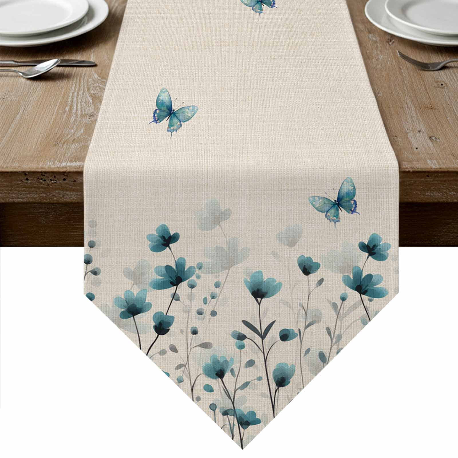 Turquoise Floral Butterfly Table Runner Linen Burlap Table Runner 72 ...