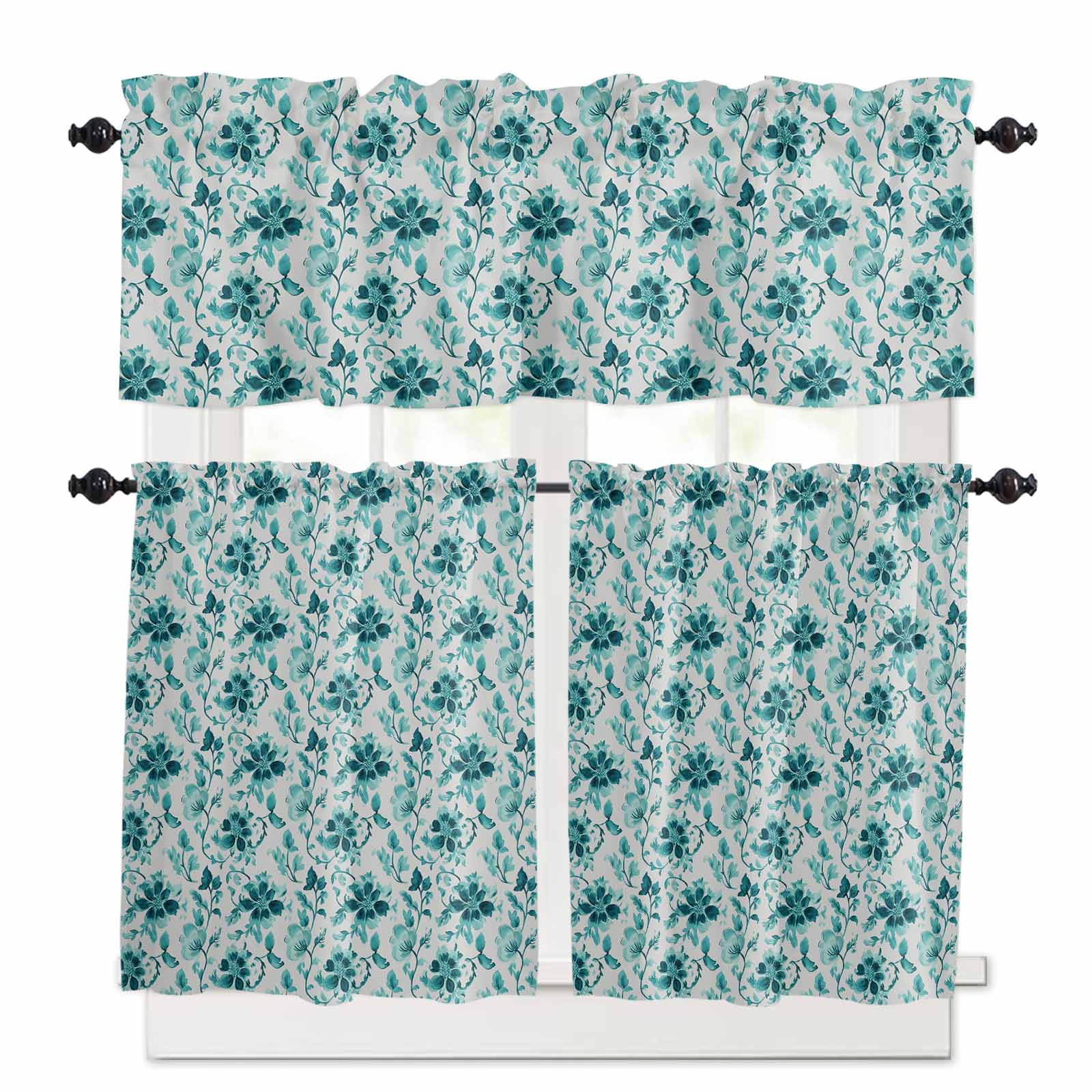 Turquoise Flower Kitchen Curtains Set for Windows 3 Pieces,24 Inch ...
