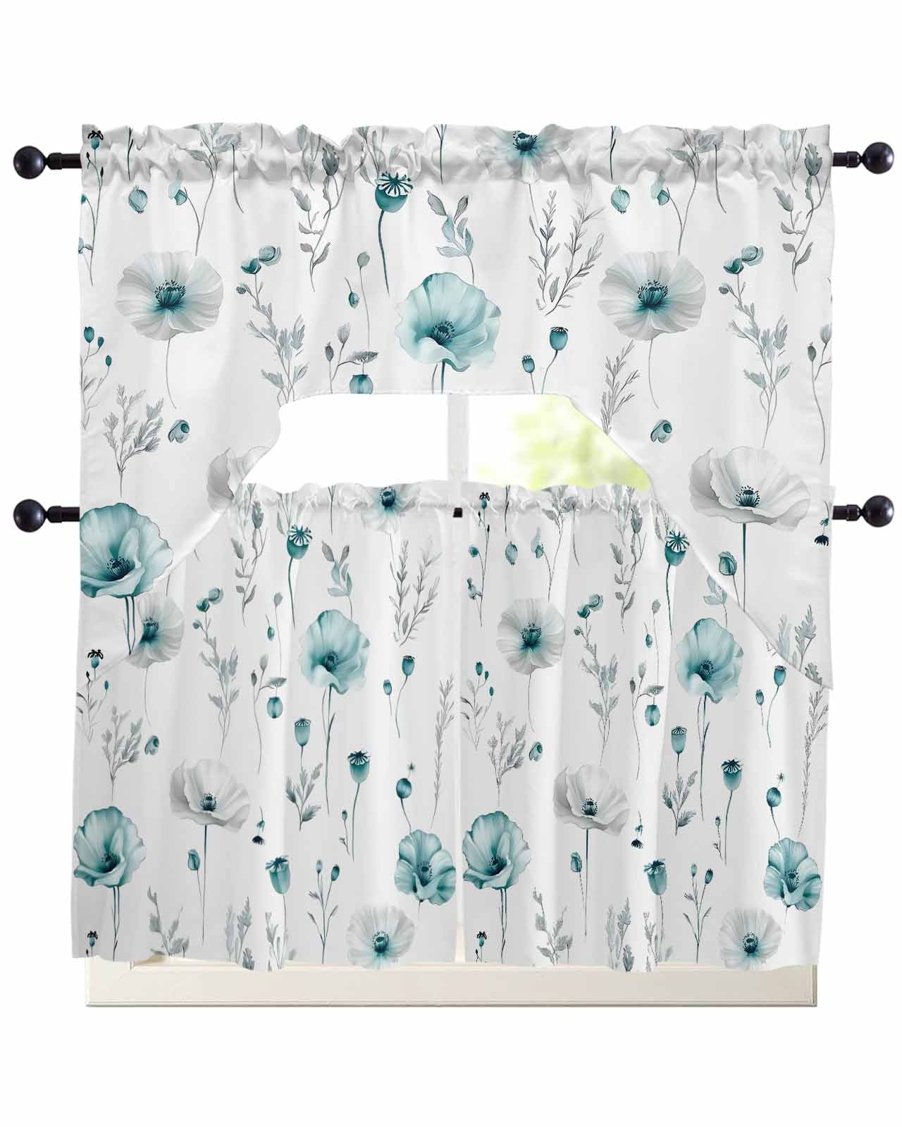 Turquoise Flowers Kitchen Curtains Swag Valance and Tier Curtains Set ...