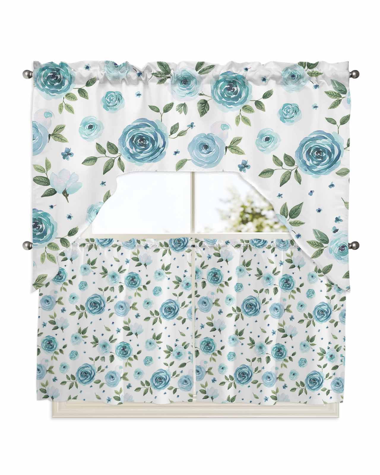 Turquoise Flowers Kitchen Curtains Swag Valance and Tier Curtains Set ...