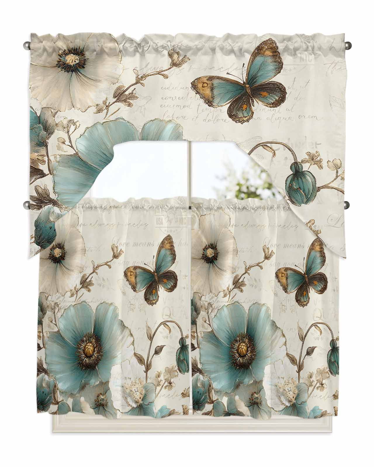 Turquoise Flowers Kitchen Curtains Swag Valance and Tier Curtains Set ...