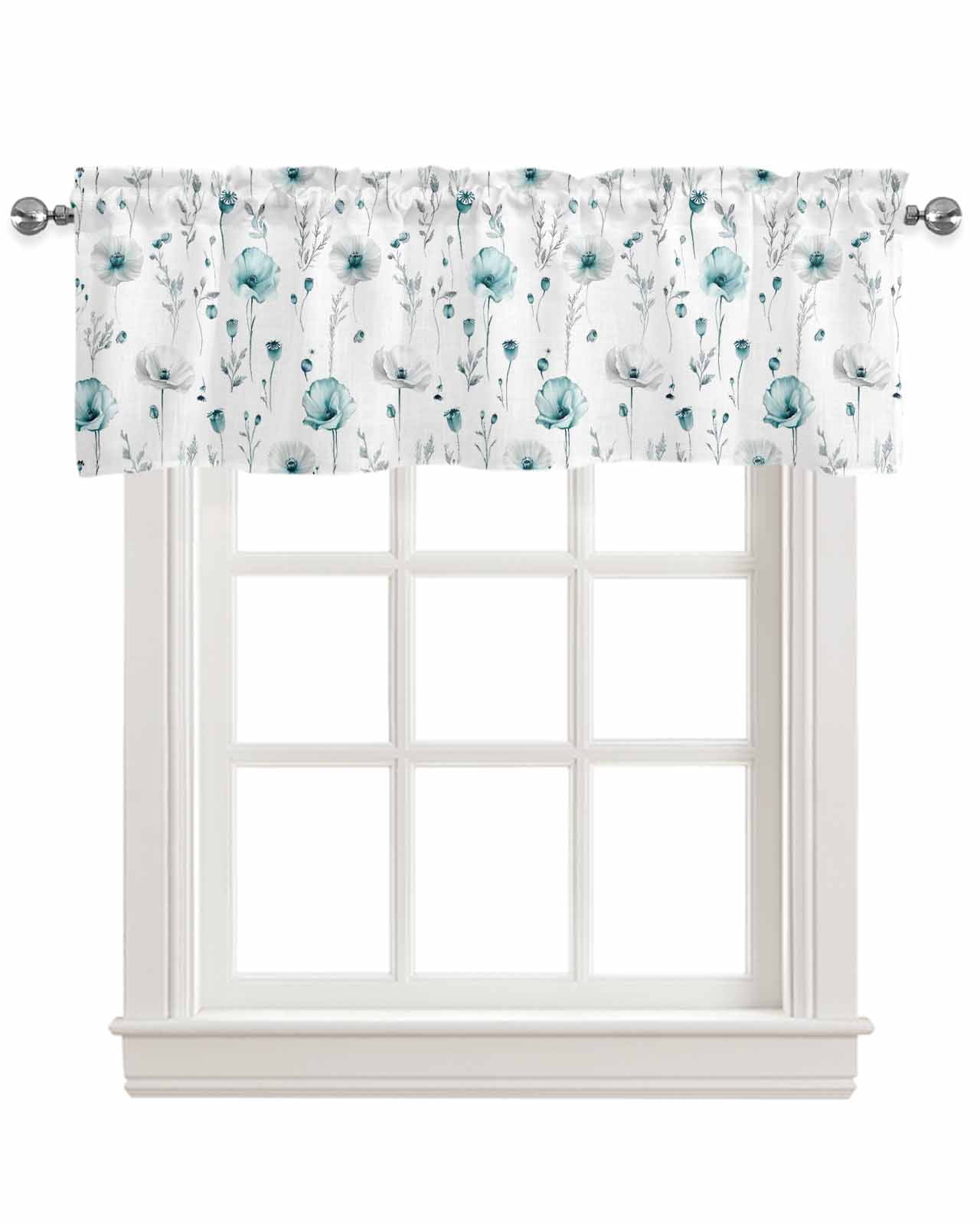 Turquoise Flowers Kitchen Valances for Windows Farmhouse Linen Window ...
