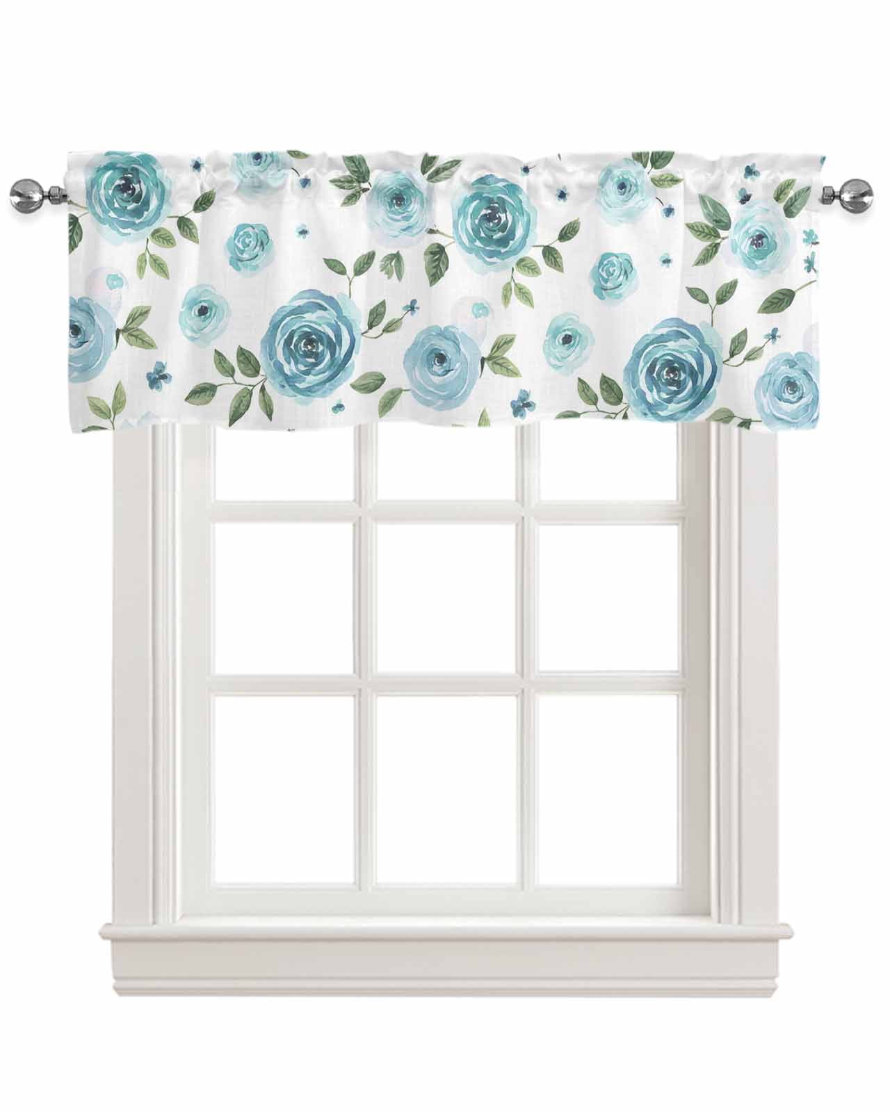Turquoise Flowers Kitchen Valances for Windows Farmhouse Linen Window ...