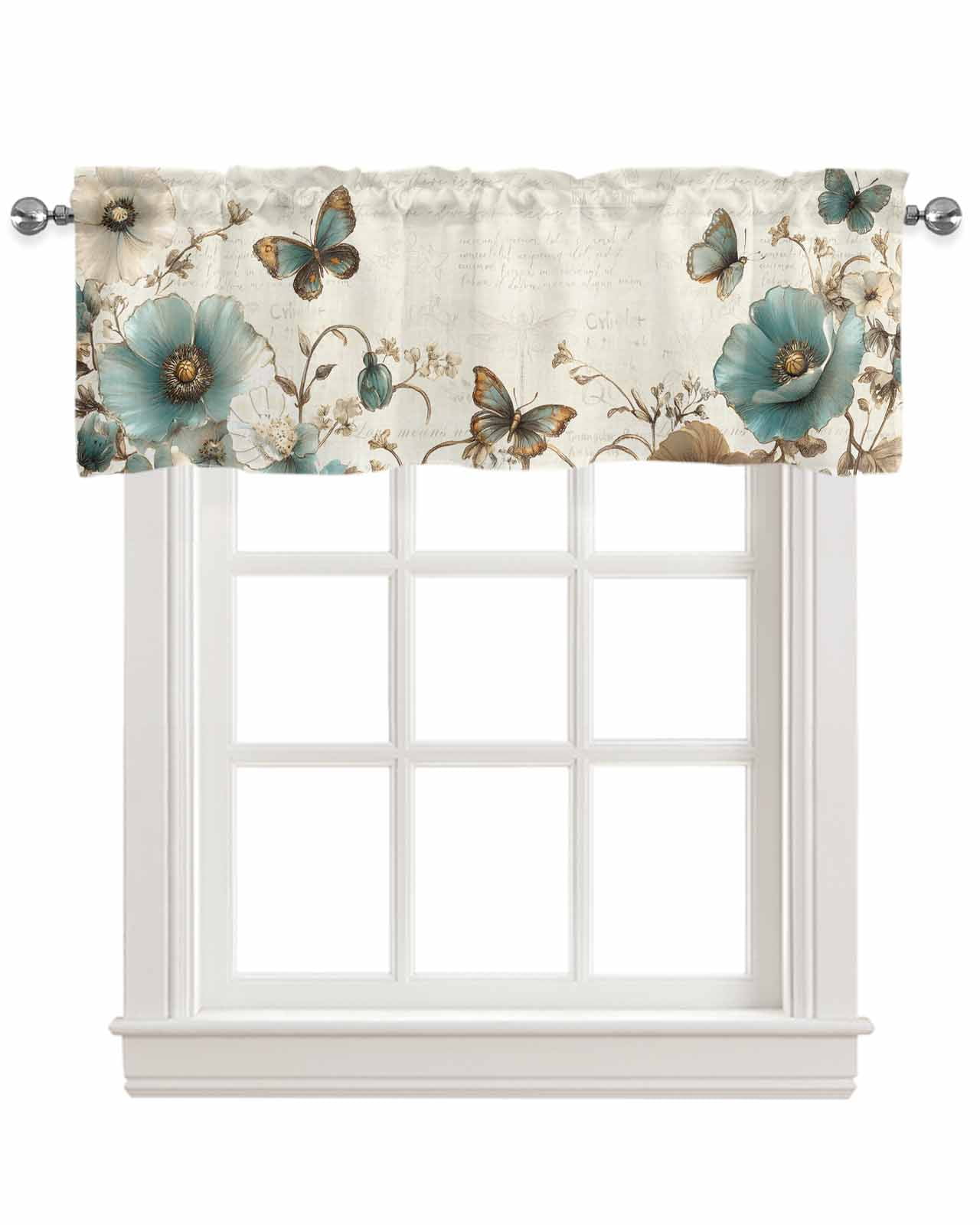 Turquoise Flowers Kitchen Valances for Windows Farmhouse Linen Window ...