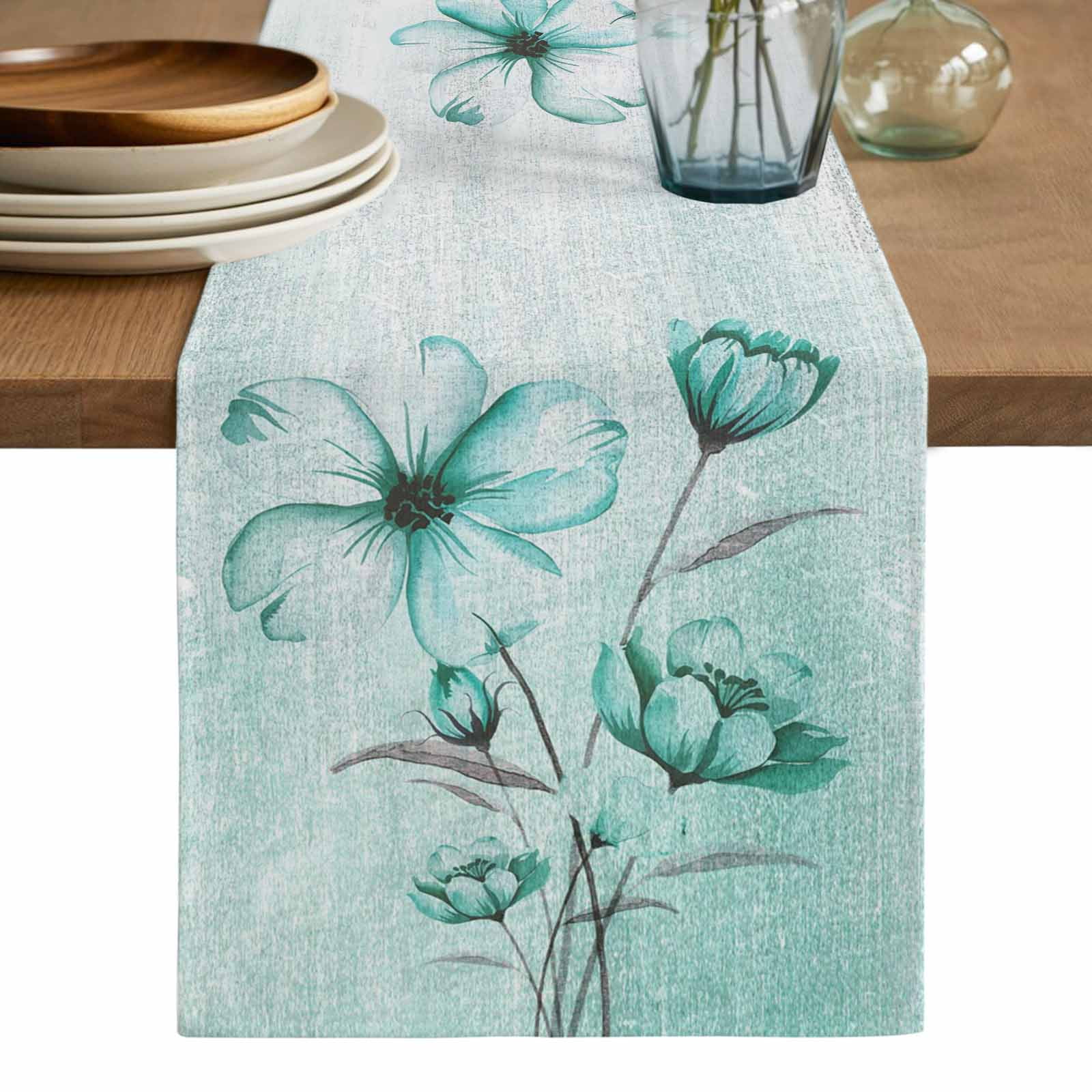Turquoise Flowers Table Runner, Farmhouse Gradient Floral Plants ...