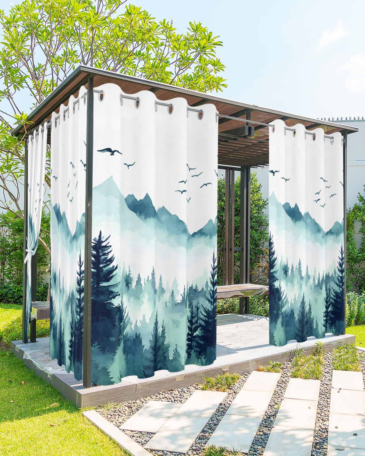 Turquoise Forest Outdoor Curtains for Patio Waterproof, Mountains Birds ...