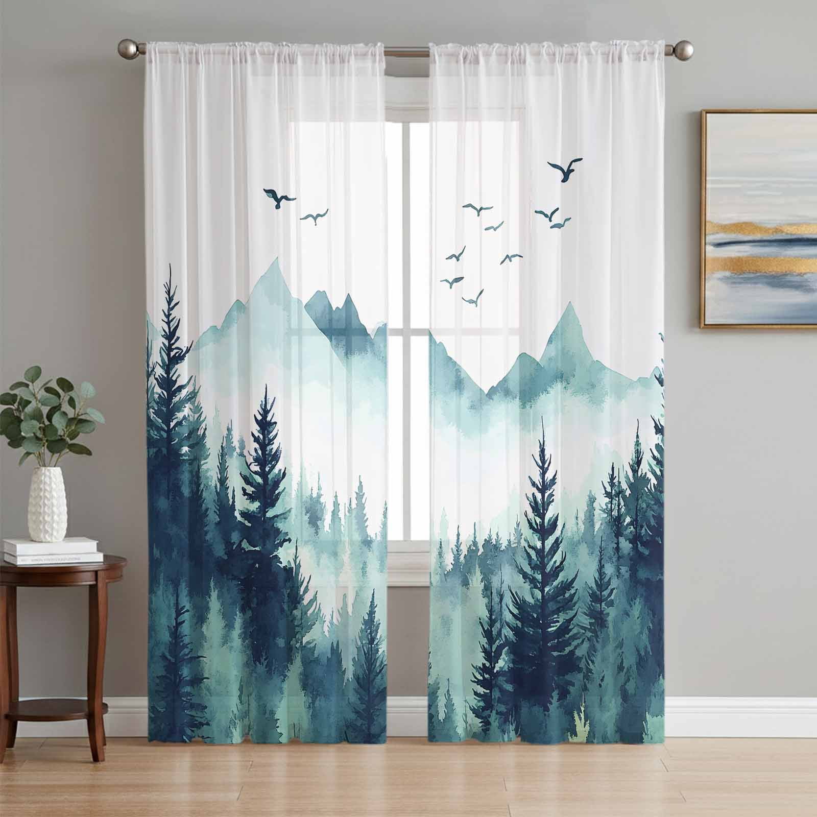 Turquoise Forest Sheer Curtains 72 Inch Length 2 Panels Set, Mountains ...