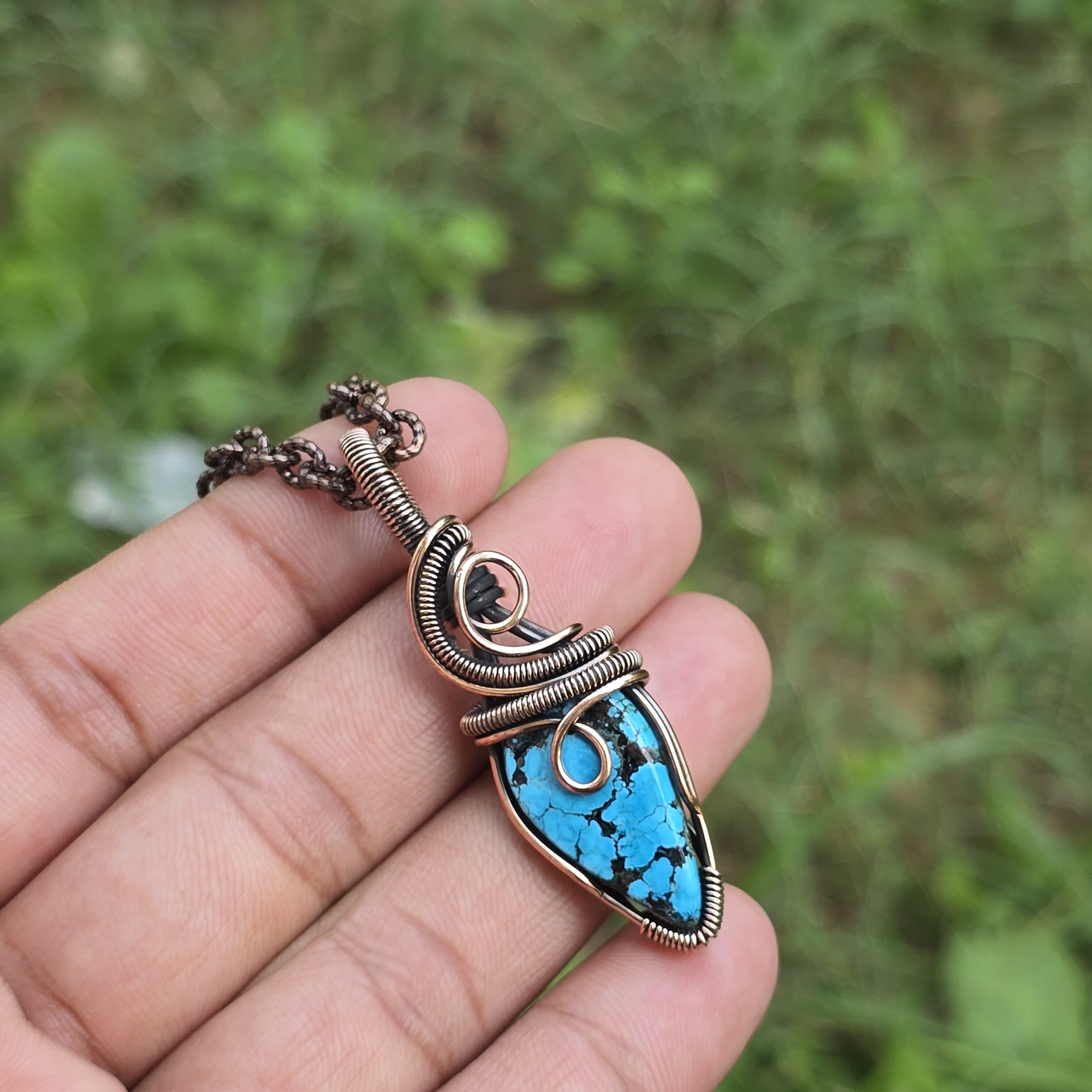 Turquoise Gemstone Handmade Copper Wire Wrap Chain Pendant 2.16 ...