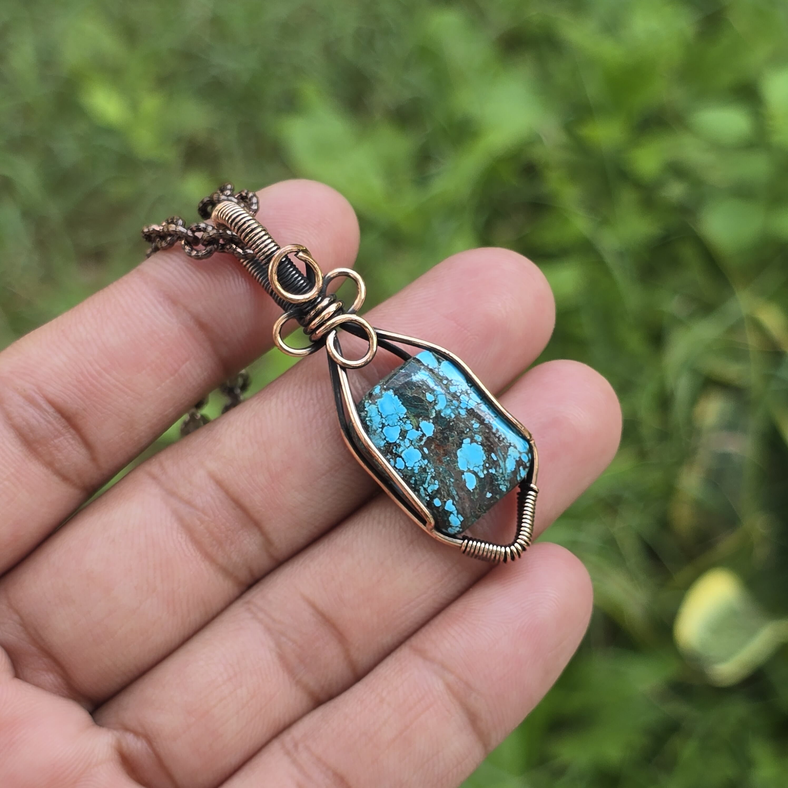 Turquoise Gemstone Handmade Copper Wire Wrap Chain Pendant 2.16 ...