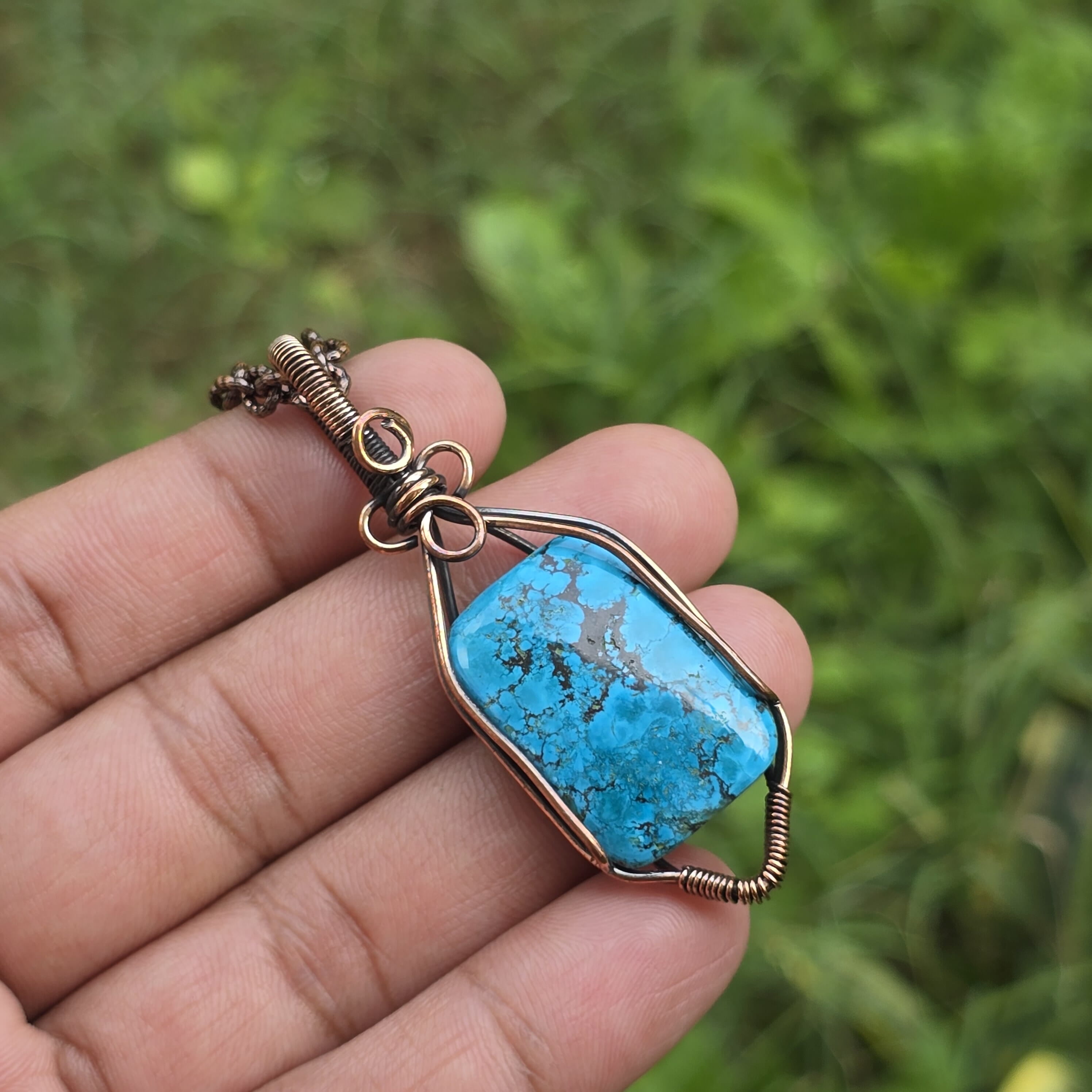 Turquoise Gemstone Handmade Copper Wire Wrap Chain Pendant 2.55 ...
