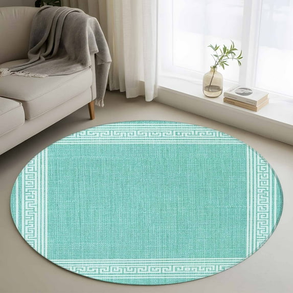 Turquoise Geometric 3ft Round Rug, White Greek Key Design Burlap Modern ...