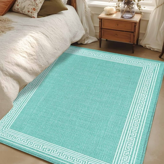 Turquoise Geometric 4x6 Area Rugs, White Greek Key Design Burlap Modern ...