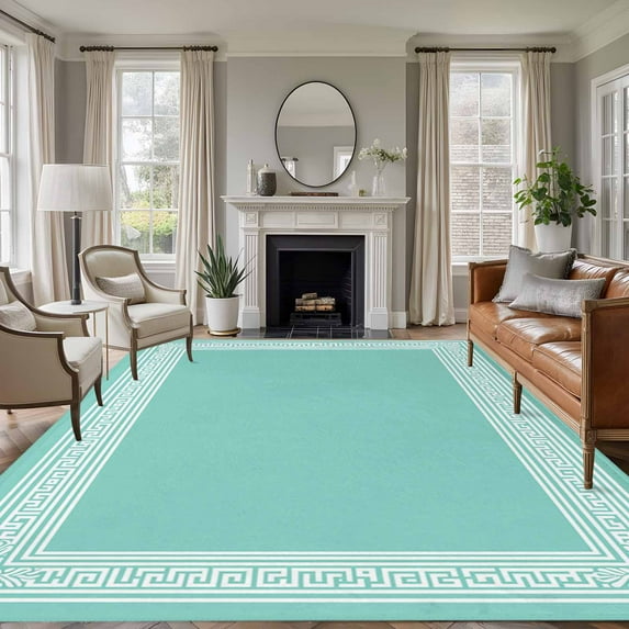 Turquoise Geometric 5x8 Area Rugs, White Greek Key Design Abstract ...