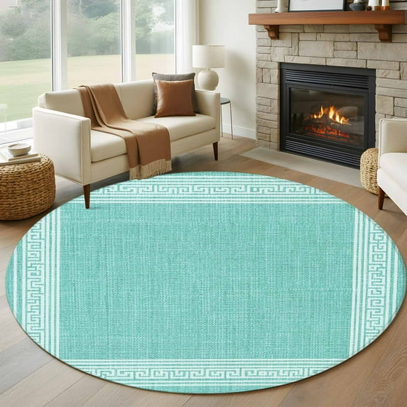 Turquoise Geometric 6ft Round Rug, White Greek Key Design Burlap Modern ...