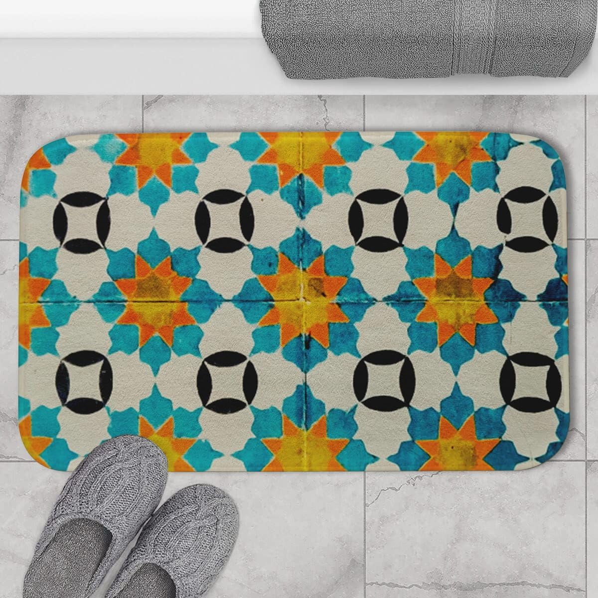 Turquoise Geometric Bath Mat Non Slip Entrance Mat Rustic Moroccan ...