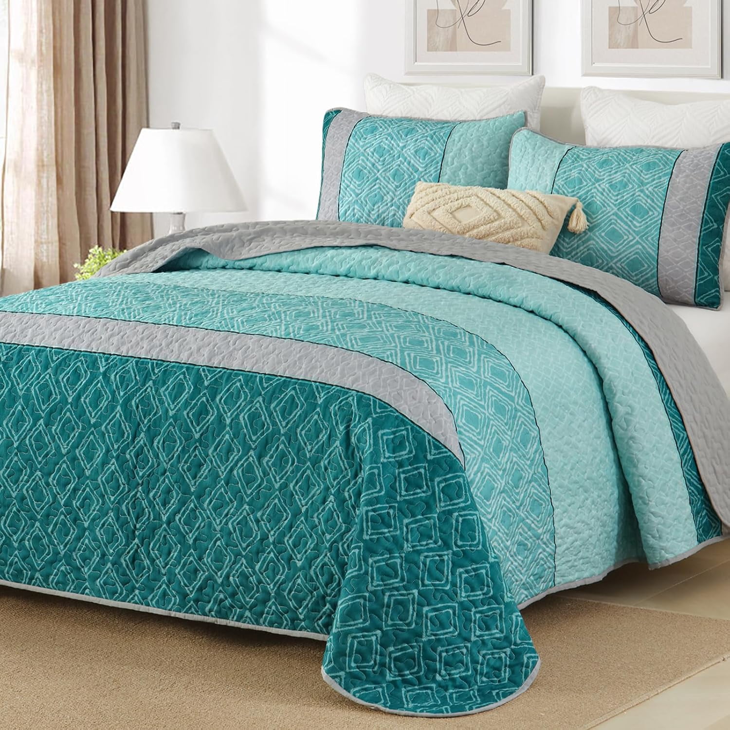 Turquoise Geometric Pattern with Gray Trim Four - Piece Bedding Set ...