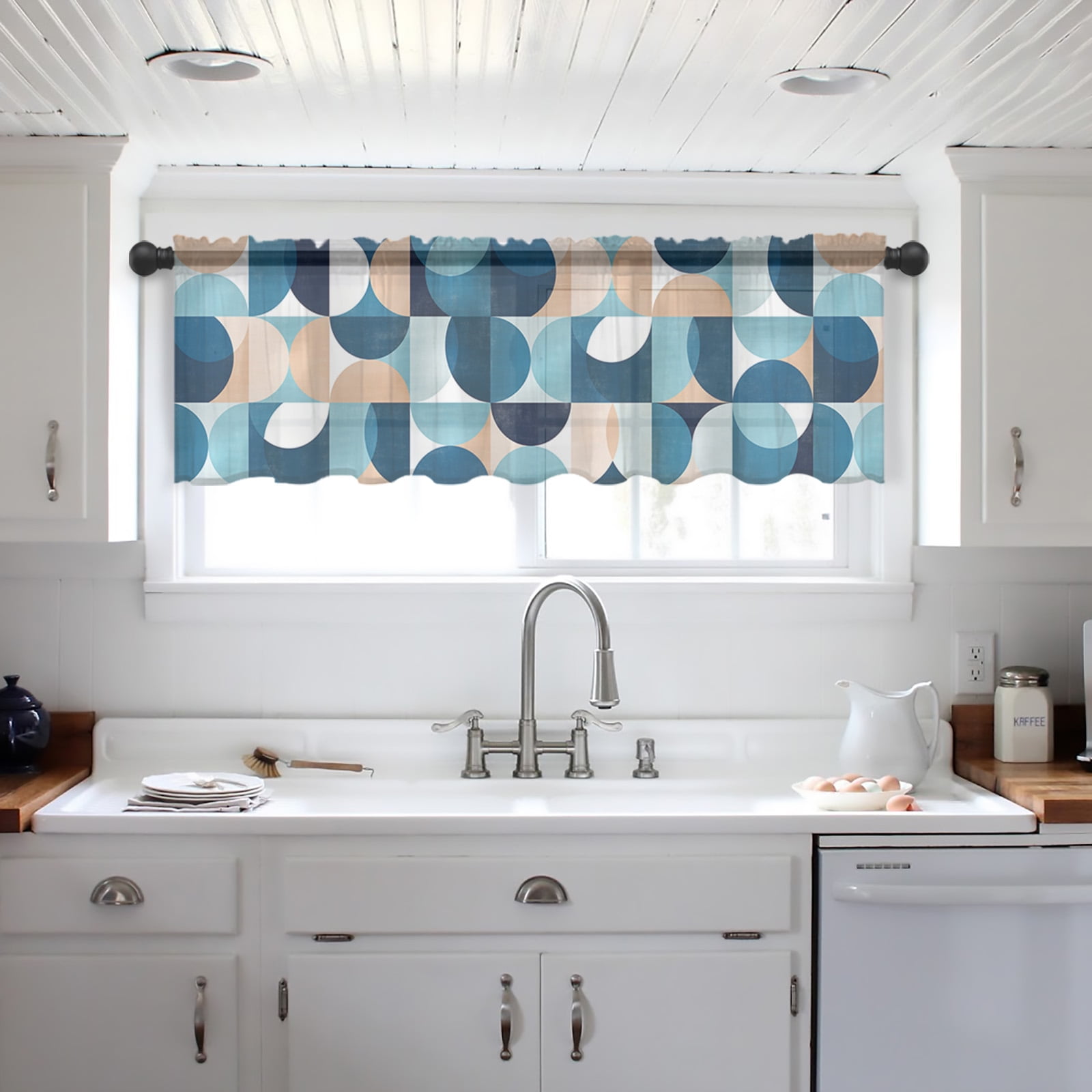 Turquoise Geometric Rod Pocket Small Topper Half Short Window Curtains ...