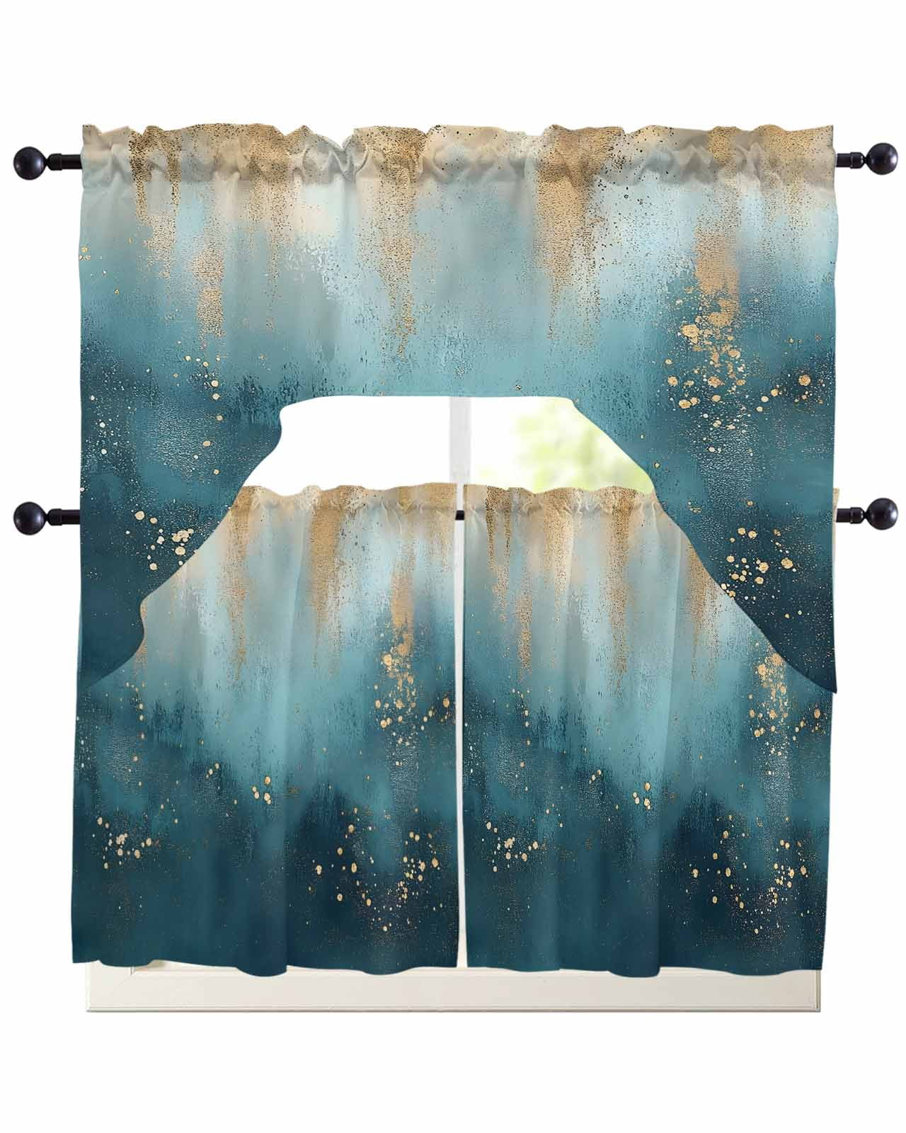 Turquoise Gold Geometric Kitchen Curtains Swag Valance and Tier ...
