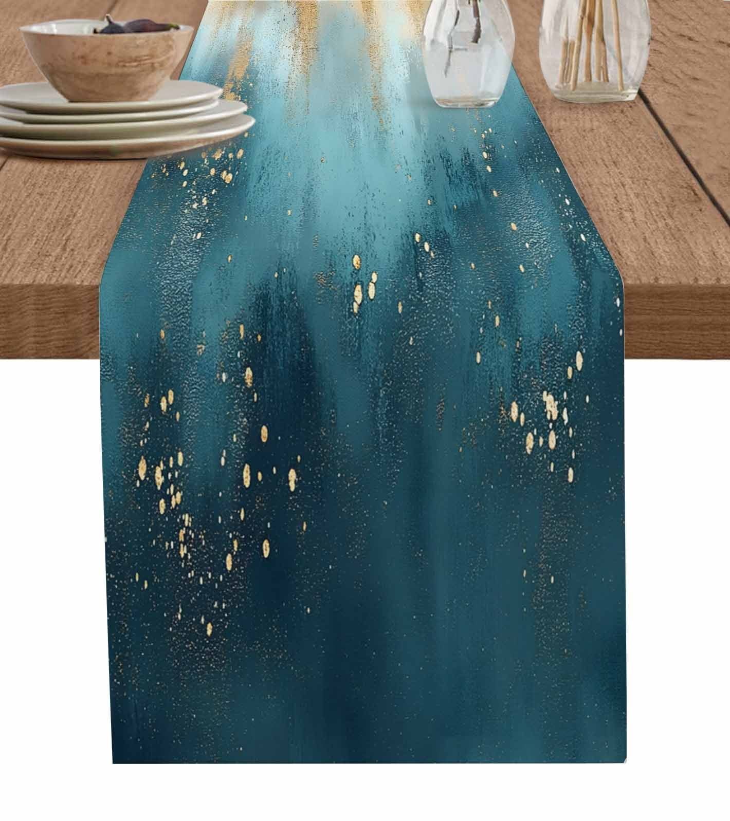 Turquoise Gold Geometric Table Runner 72 Inches, Modern Abstract Oil ...