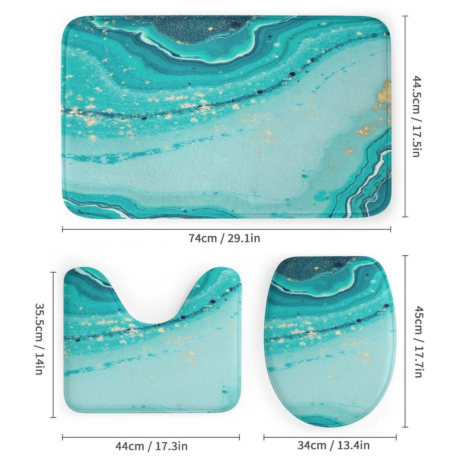 Turquoise Gold Marble Art Bathroom Rugs Sets 3 Piece Toilet Lid Cover ...