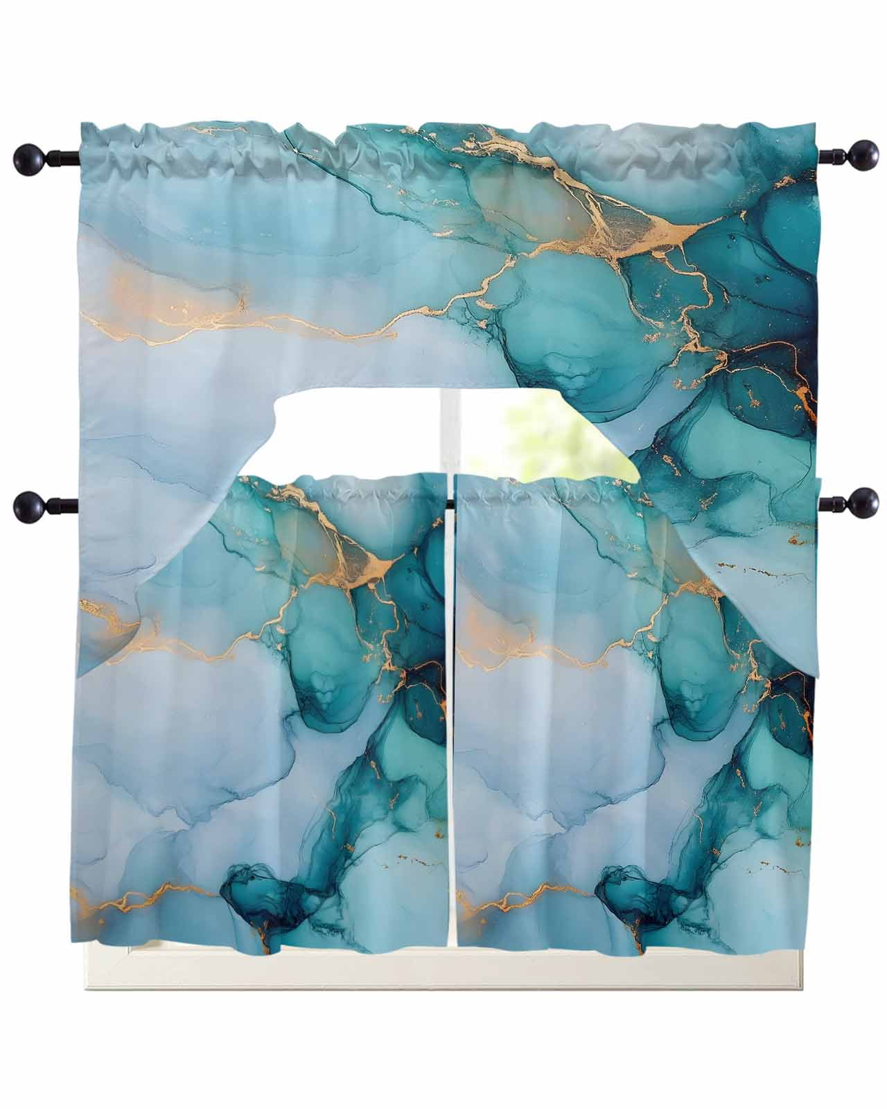 Turquoise Gold Marble Kitchen Curtains Swag Valance and Tier Curtains ...