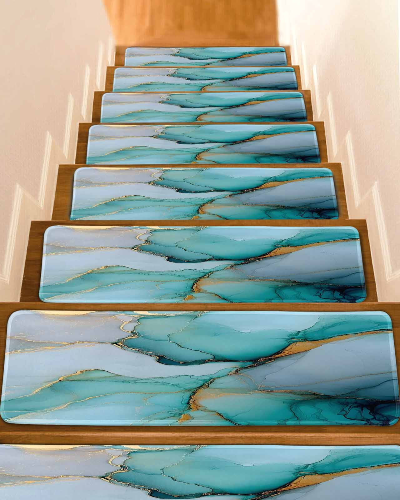 Turquoise Gold Marble Non-Slip Stair Treads for Wooden Steps, 10 Pack ...