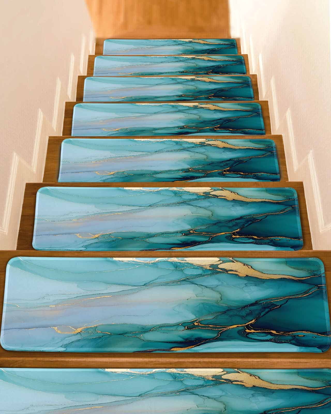 Turquoise Gold Marble Non-Slip Stair Treads for Wooden Steps, 15 Pack ...