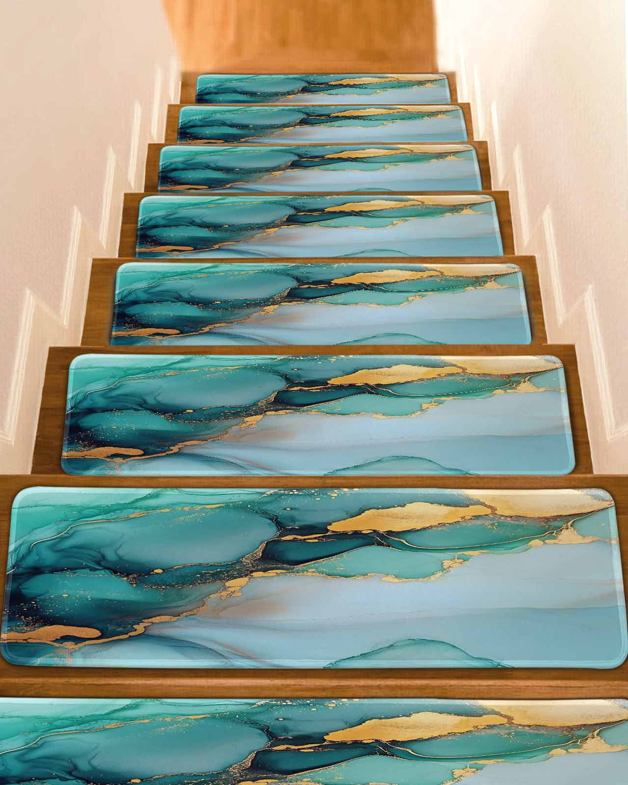 Turquoise Gold Marble Non-Slip Stair Treads for Wooden Steps, 4 Pack ...