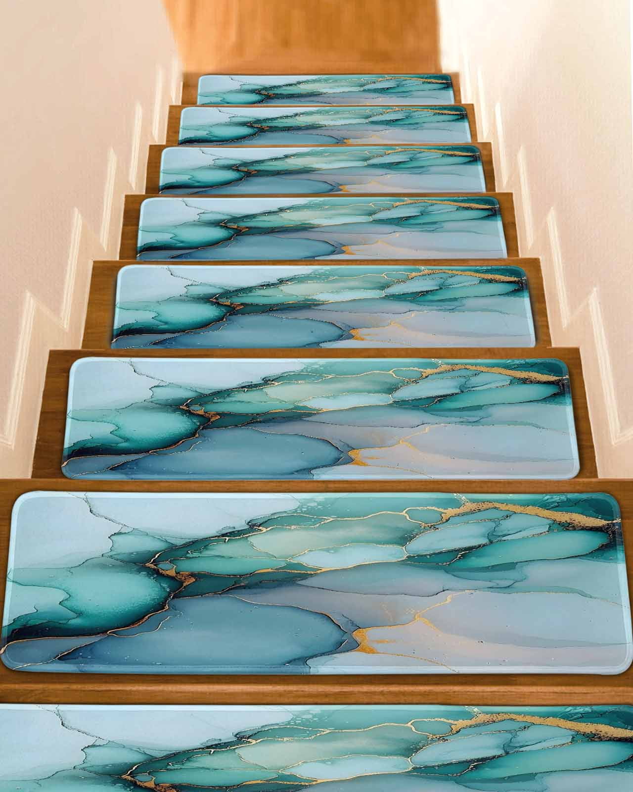 Turquoise Gold Marble Non-Slip Stair Treads for Wooden Steps, 4 Pack ...