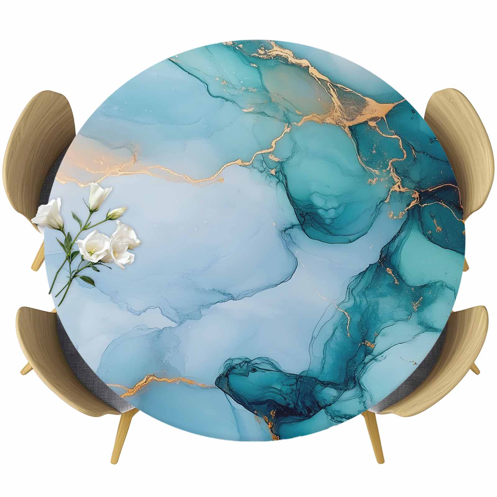 Turquoise Gold Marble Round Tablecloth 45-54 Inch Round Fitted Table ...