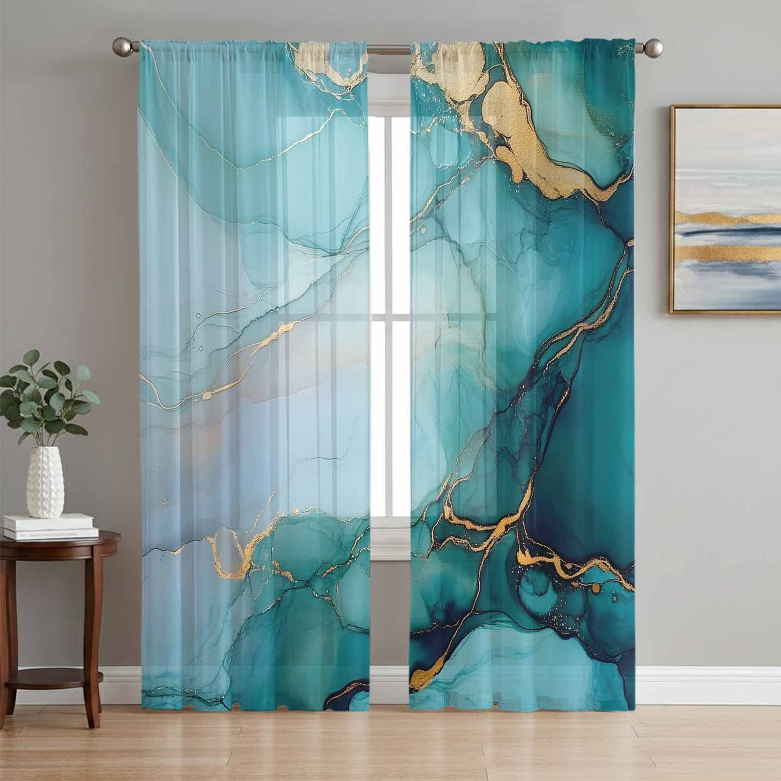 Turquoise Gold Marble Sheer Curtains 84 Inch Length 2 Panels Set ...