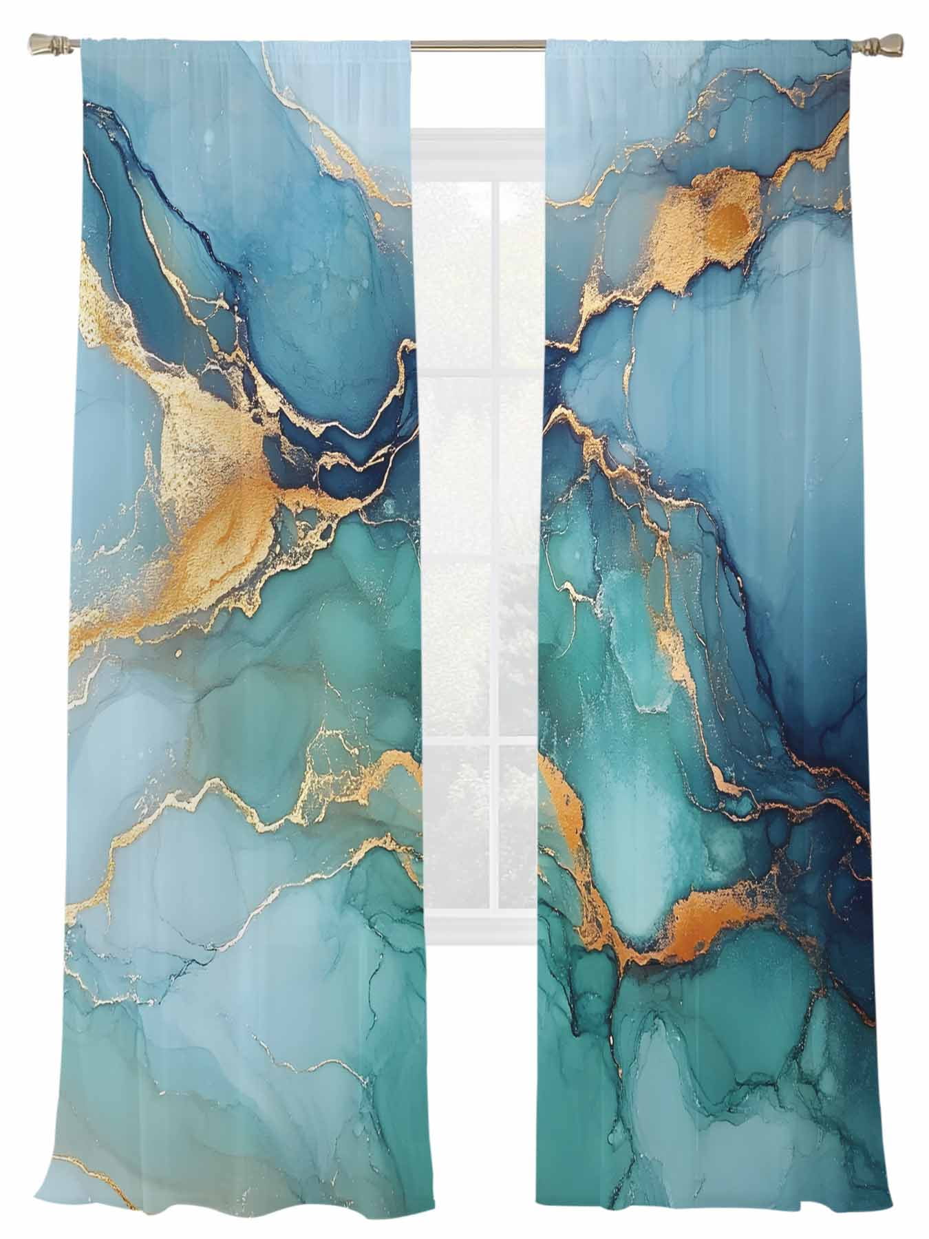Turquoise Gold Marble Sheer Curtains 84 Inch Long 2 Panels, Modern ...