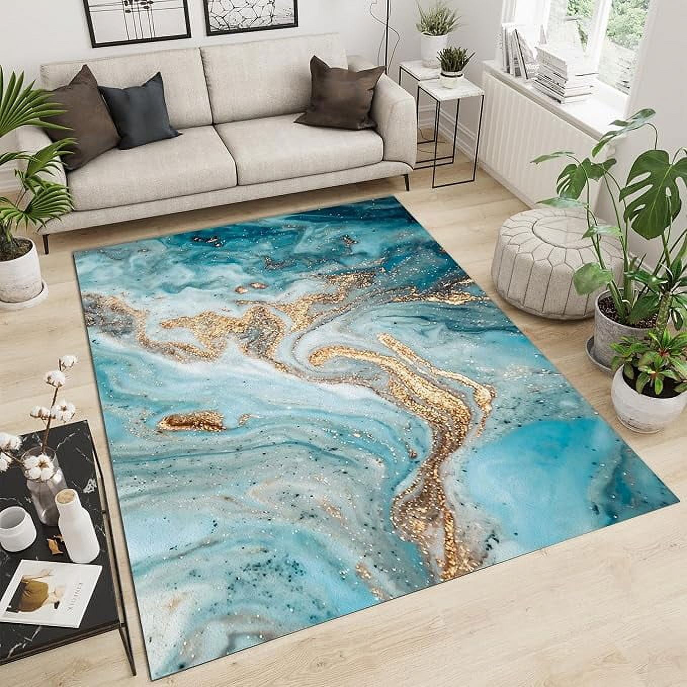 Turquoise Gold Marble Swirl Area Rug, Abstract Watercolor Golden ...