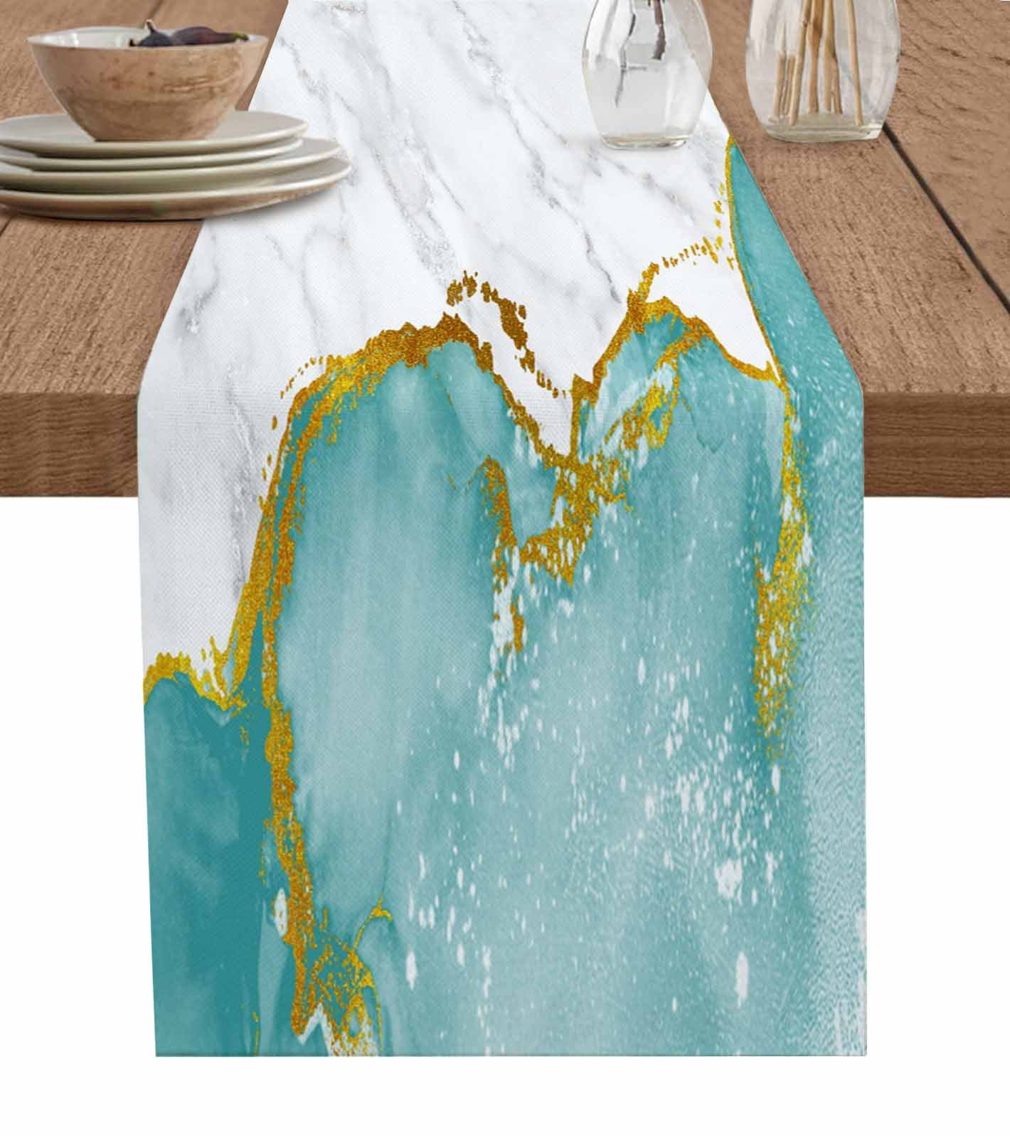 Turquoise Gold Marble Table Runner 72 Inches, Modern Abstract Marble ...