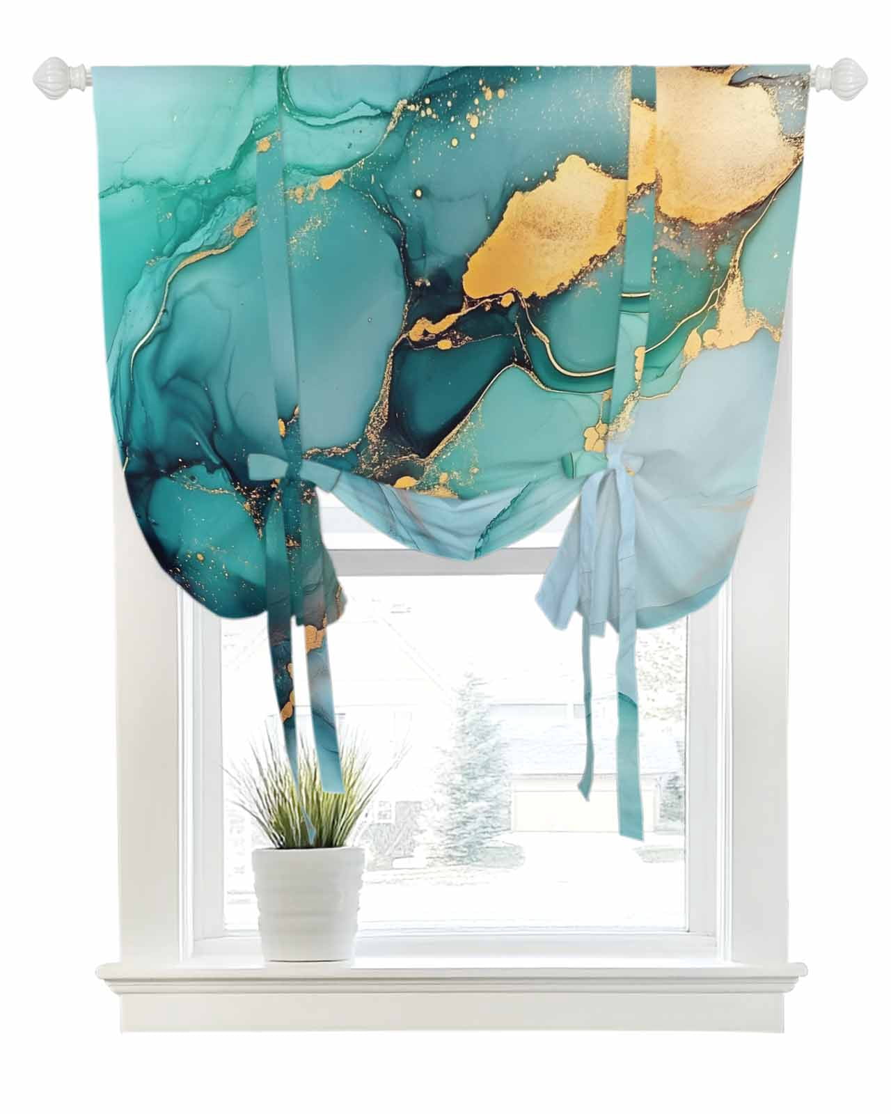 Turquoise Gold Marble Tie Up Curtains for Window, Thermal Insulted ...