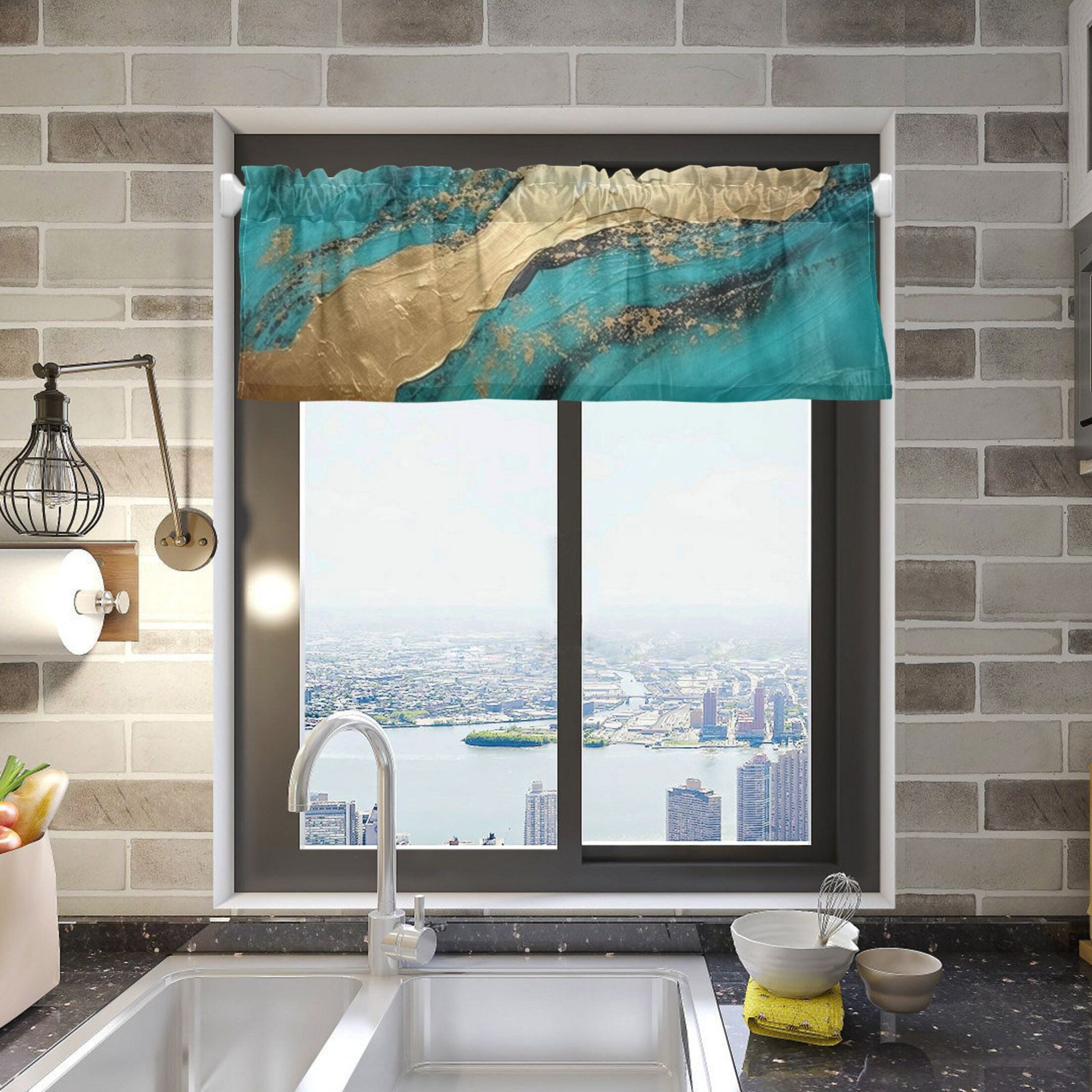 Turquoise Gold Marble Valance Curtains 54"x18" Rod Pocket for Kitchen ...