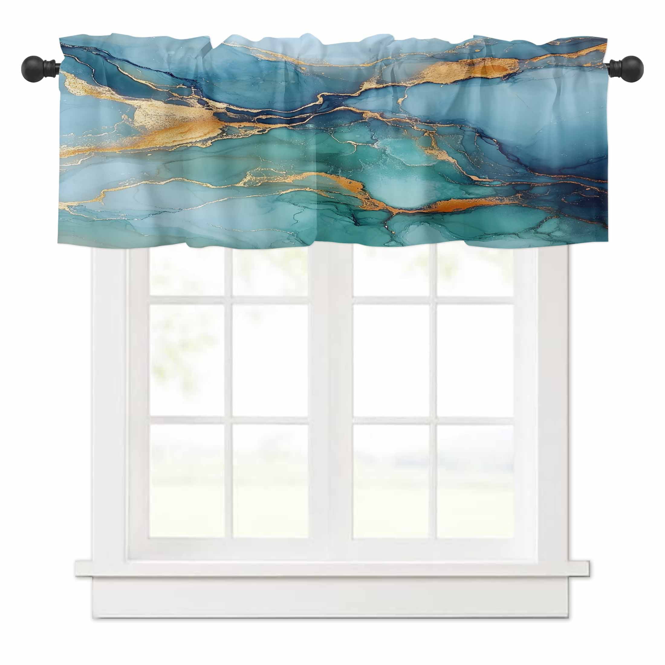 Turquoise Gold Marble Valances for Windows Modern Rod Pocket Curtain ...
