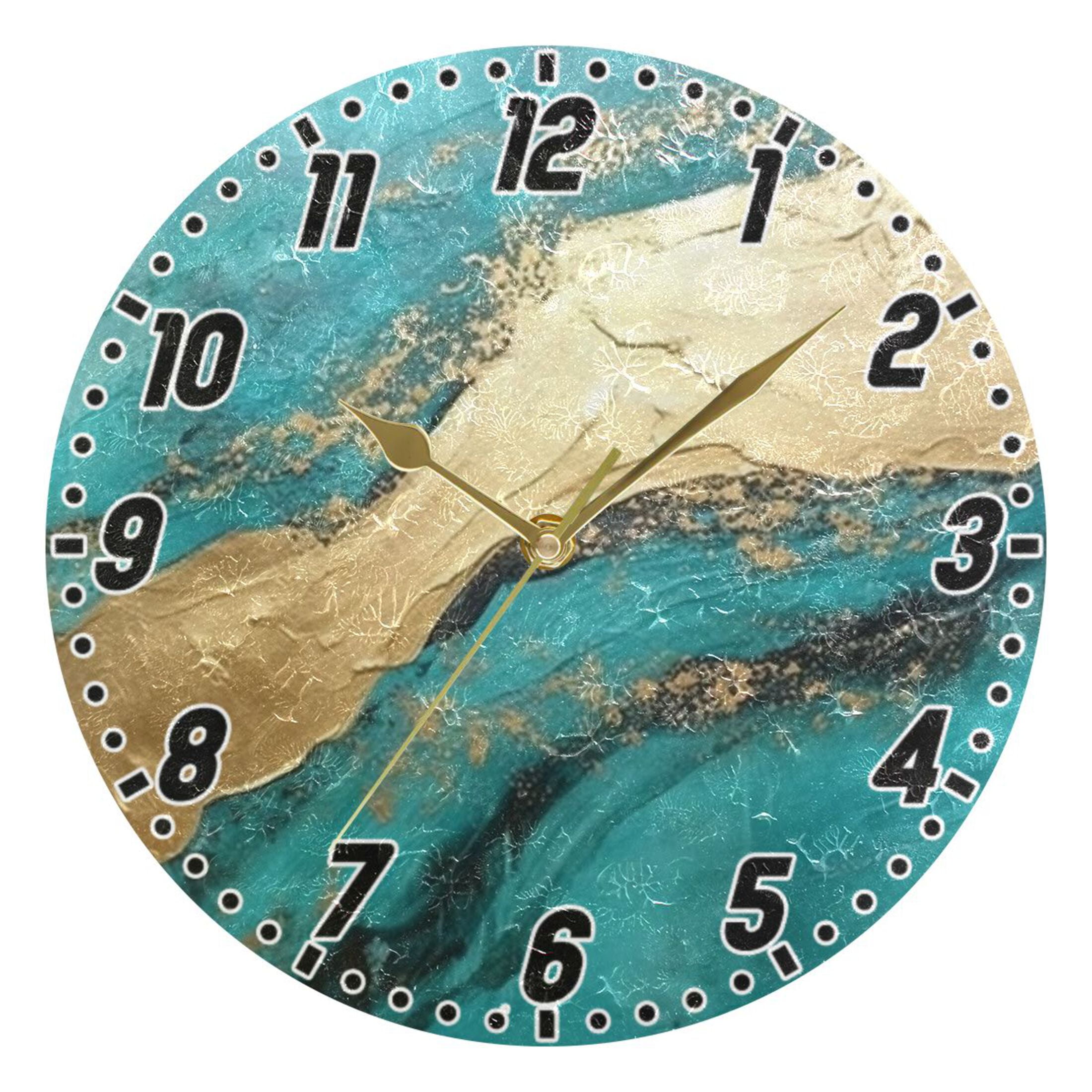 Turquoise Gold Marble Wall Clock 9.8 inch Battery Operated Clocks Non ...