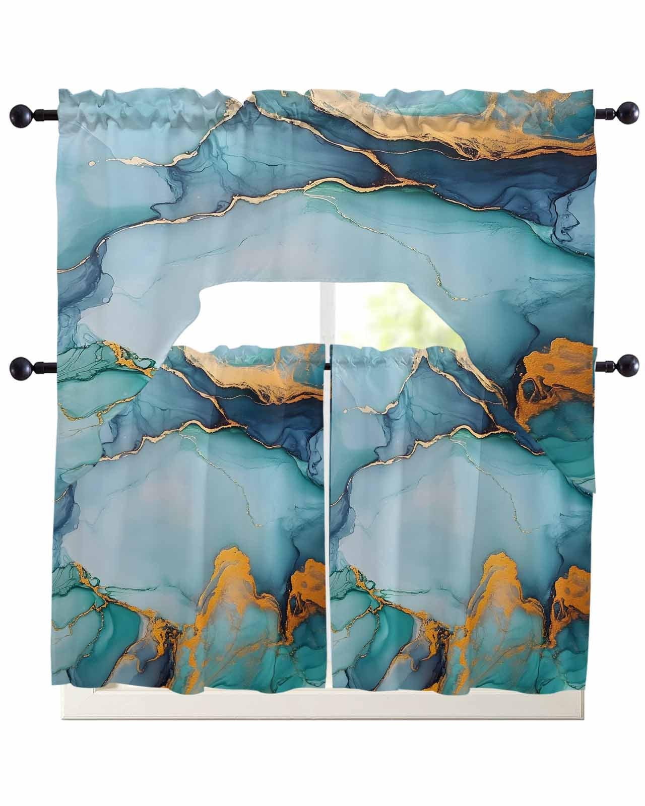 Turquoise Gold Modern Kitchen Curtains Swag Valance and Tier Curtains ...