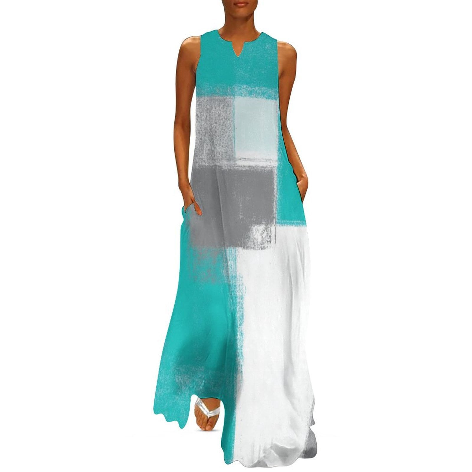 Turquoise Gray Painting Long Dress Women's summer dress women's evening ...