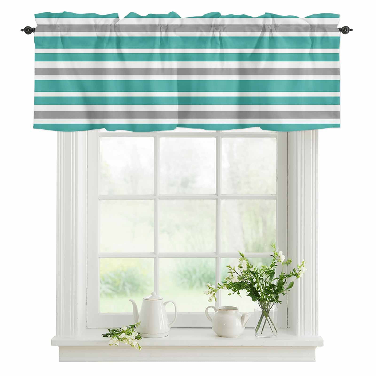 Turquoise Gray Valances for Windows, White Stripe Valance Rod Pocket ...