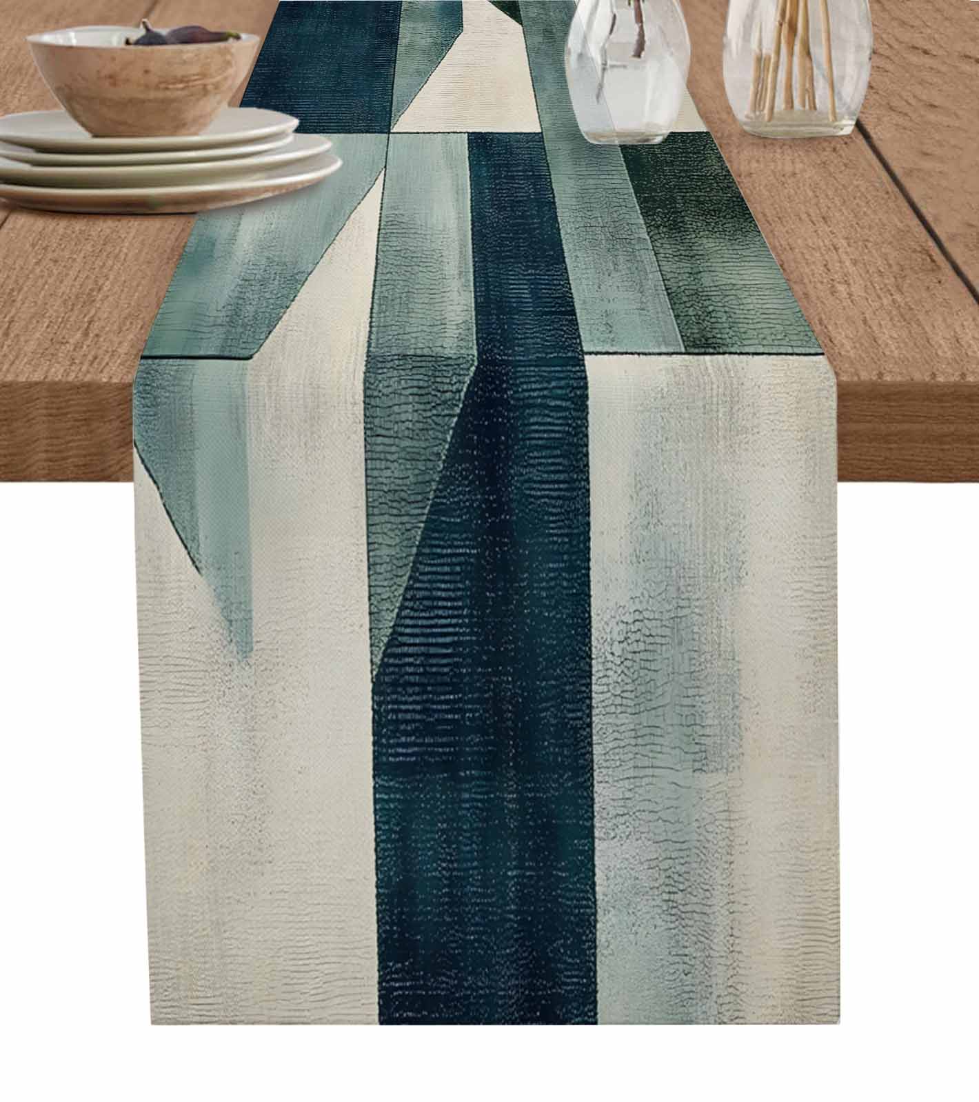 Turquoise Green Geometric Burlap Cotton Table Runner 13x108 Inches Long ...