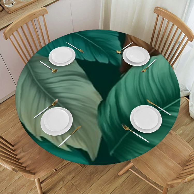 Turquoise Green Leaves Table Cover Wipeable Tablecloth Round Fitted ...