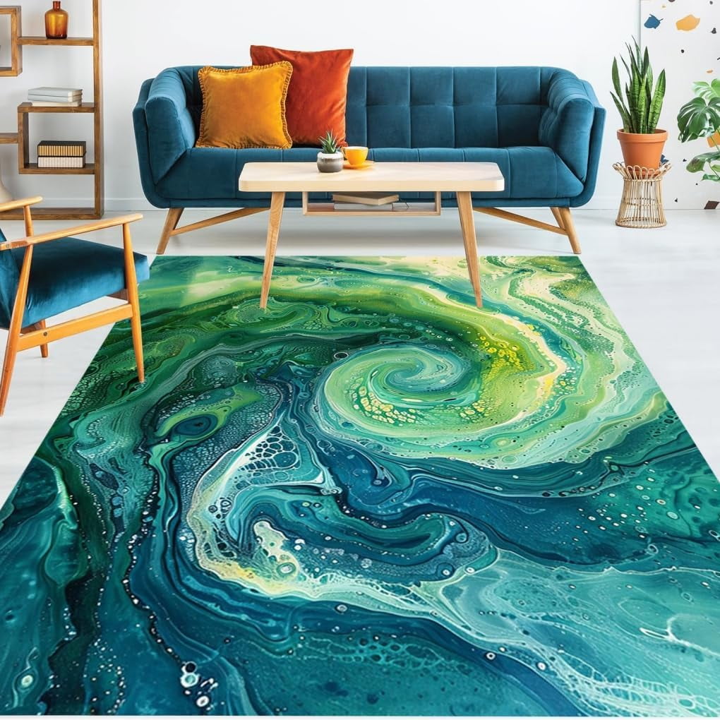 Turquoise Green Marble Swirl Modern Abstract Soft Rug For Living Room ...