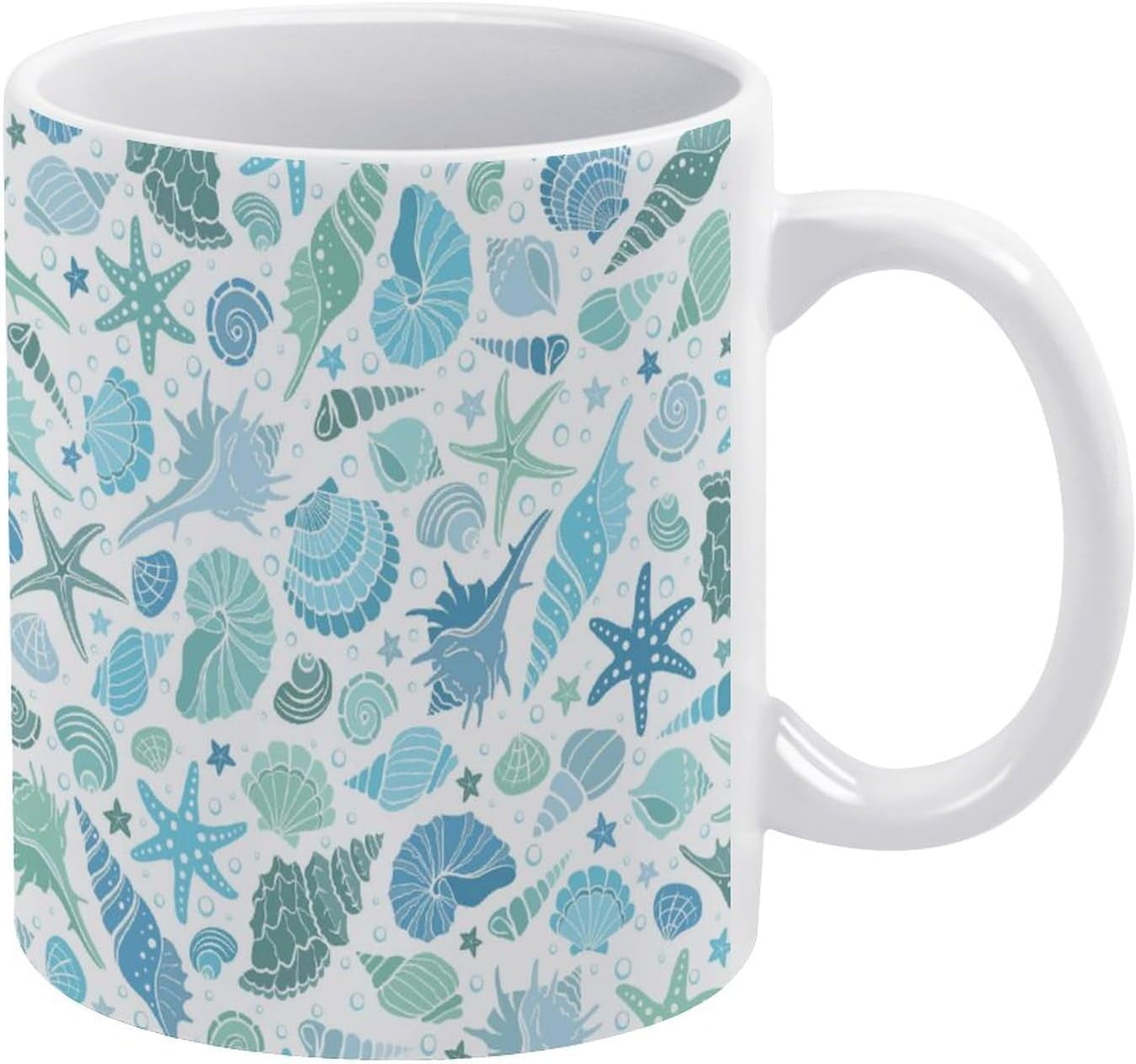 Turquoise Green Sea Shells and Stars Marine Shellfish White Ceramic Cup ...