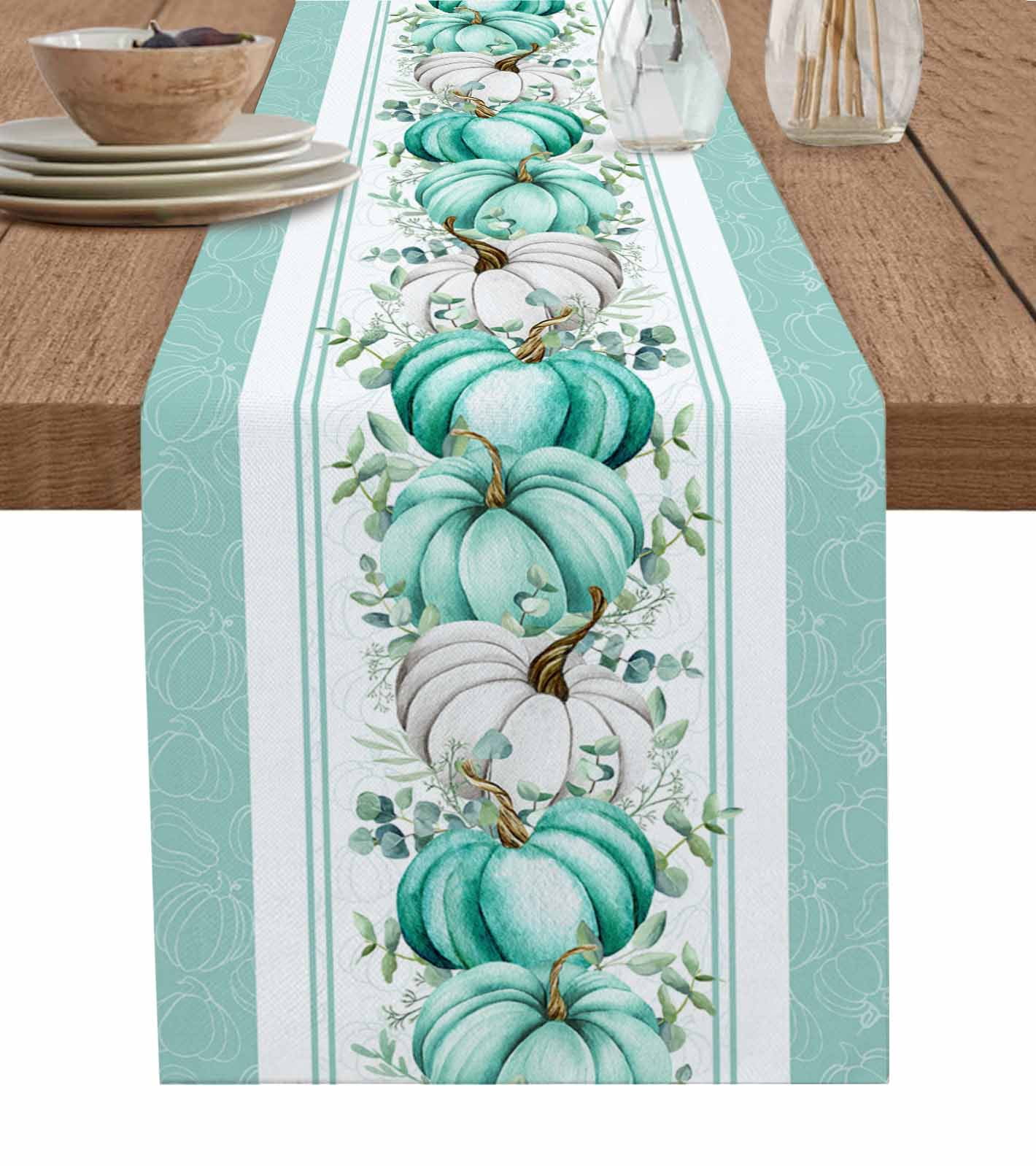 Turquoise Green White Fall Burlap-Cotton Table Runner 72 Inches Long ...